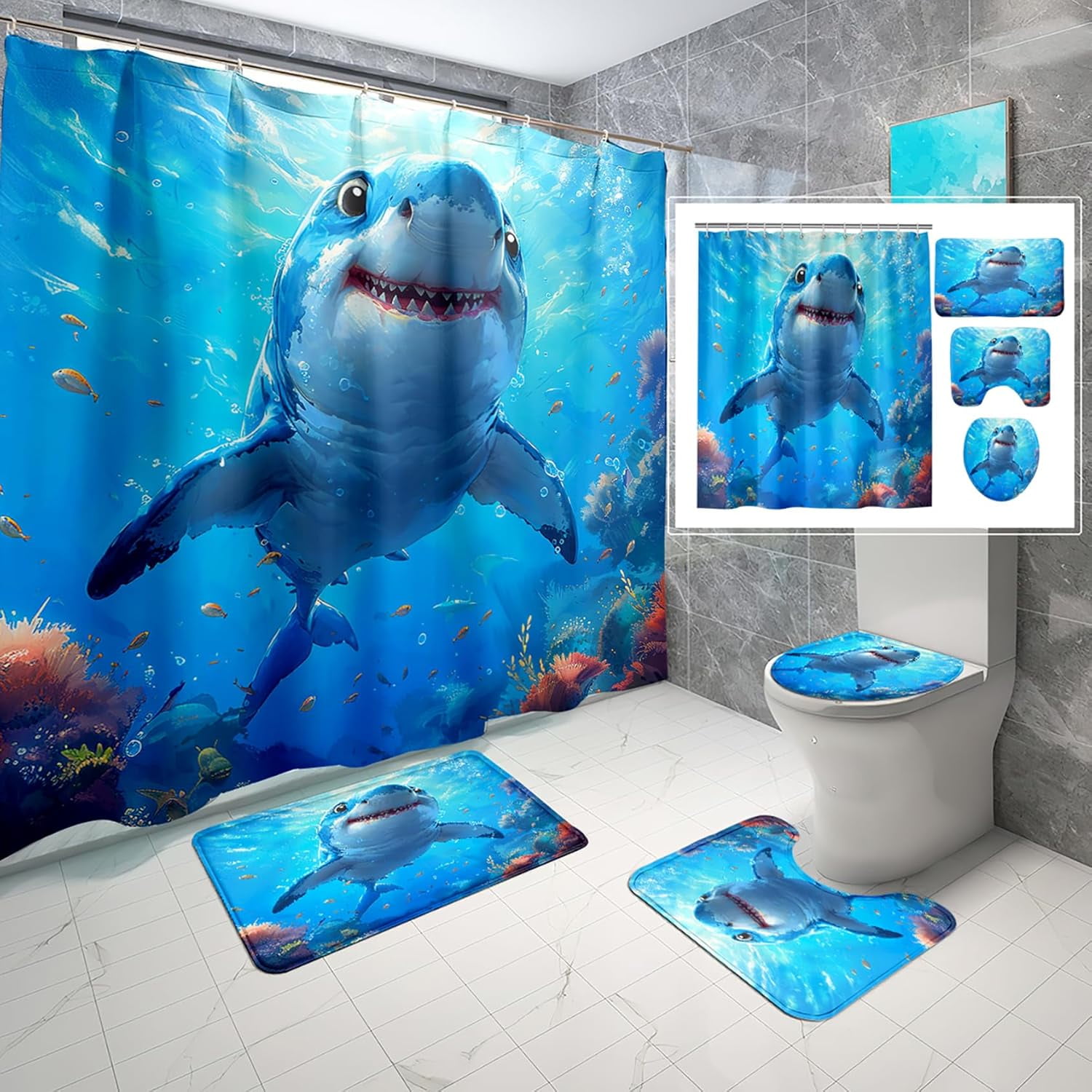 Shark Shower Curtain Set for Boys - 4 Pcs Shark Bath Curtain Set, Whale ...