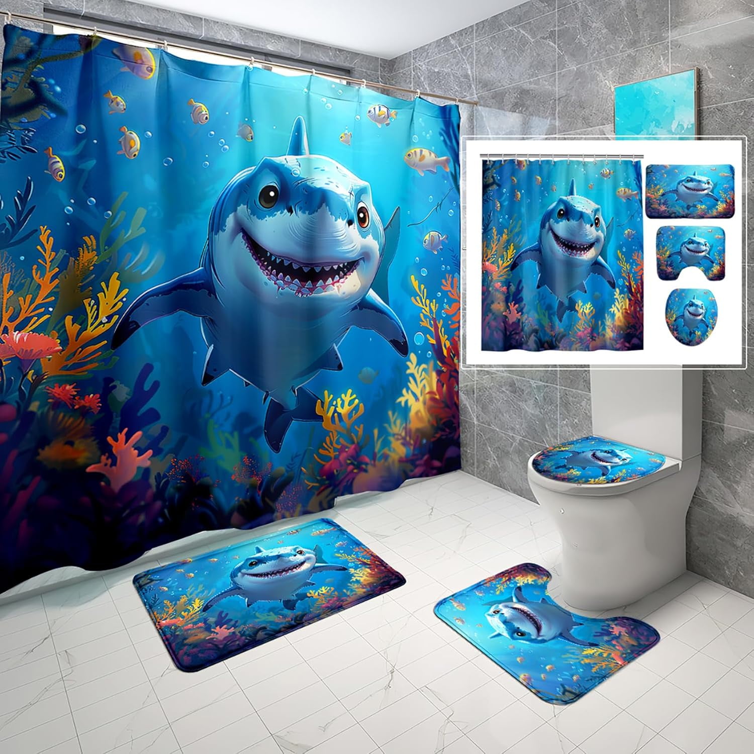 4 Pcs Whale Shower Curtain Set - Blue Sea Whales Bathroom Sets for Kids ...
