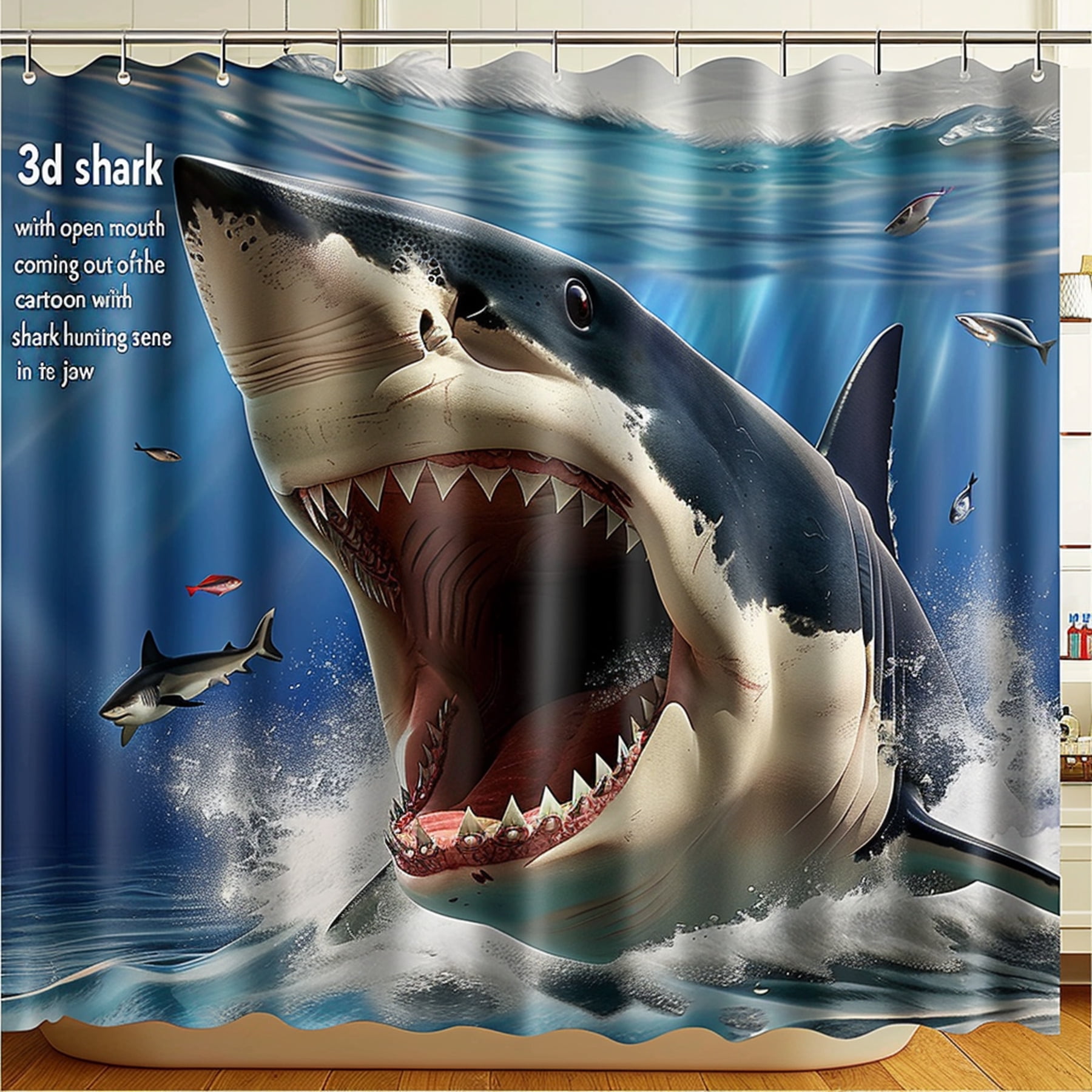 Shark Shower Curtain with Open Mouth and Big Fangs Cartoon Style Design ...