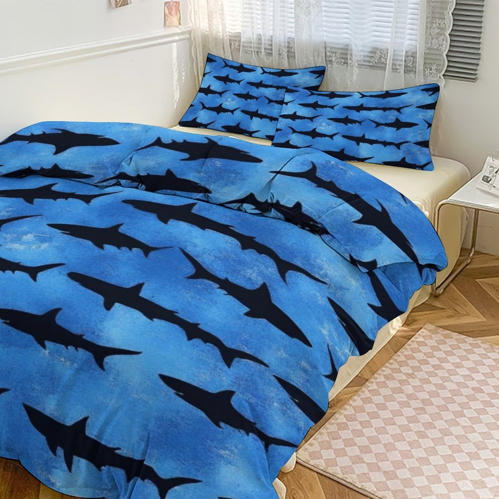 Shark Silhouette Ocean Blue 3 Pcs Soft Bedding Set Includes 1 Duvet ...