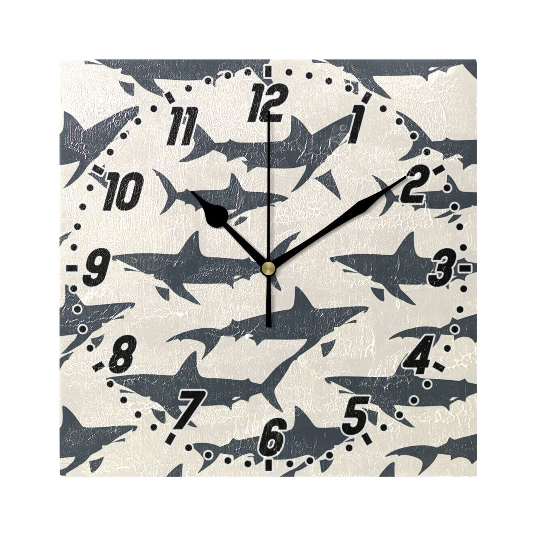 Shark Silhouettes Wall Clock Battery Operated Silent Non-Ticking ...