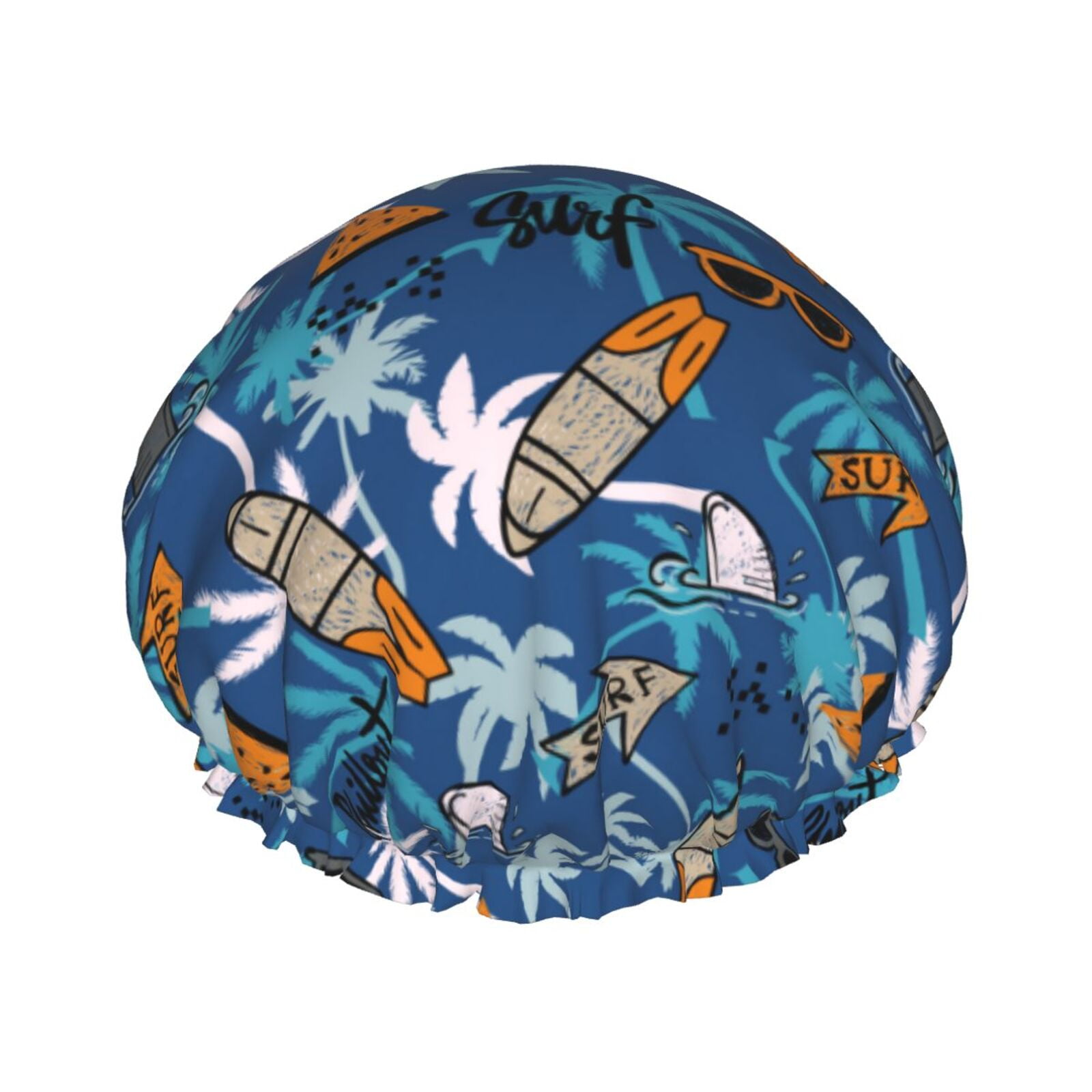 Shark Skateboard Coconut Tree Shower Cap for Women, Double Waterproof ...