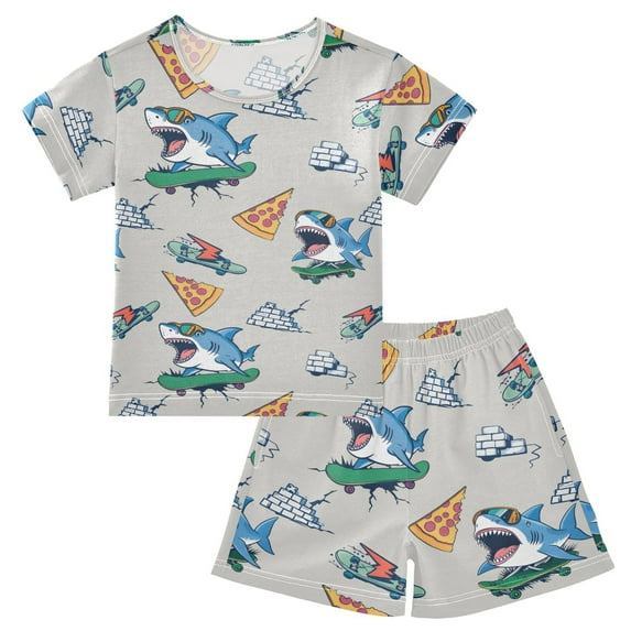 Shark Skateboard Pattern Summer Pajama Set Soft Cotton Short Sleeve ...