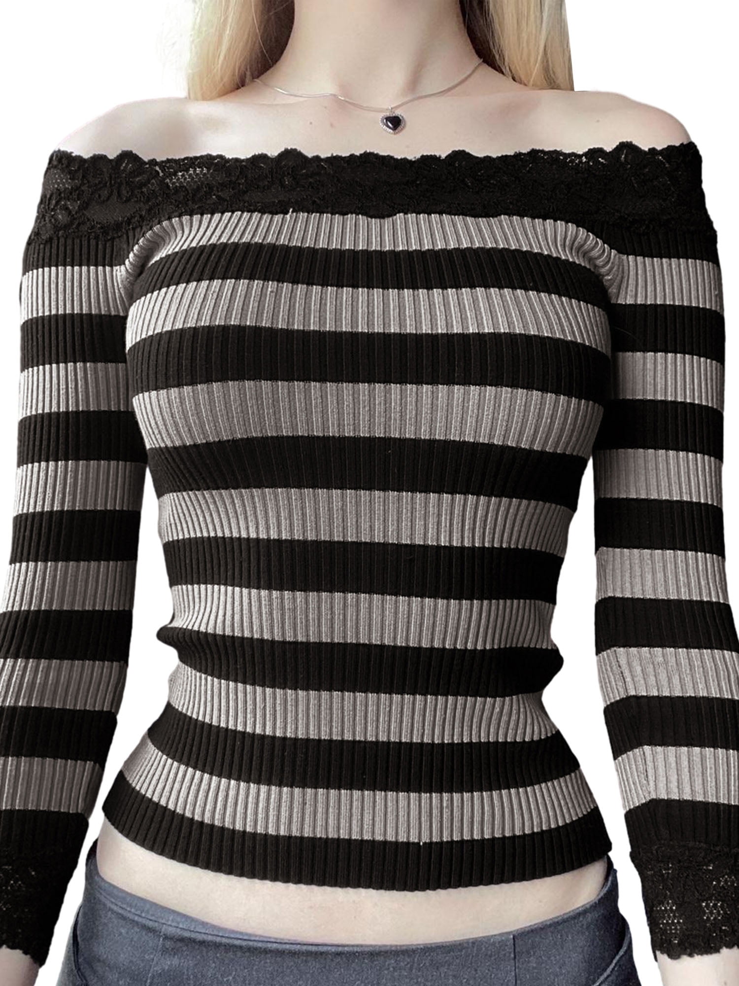 Shark Slippers Women Shirt Striped Off-Shoulder Tops - Walmart.com