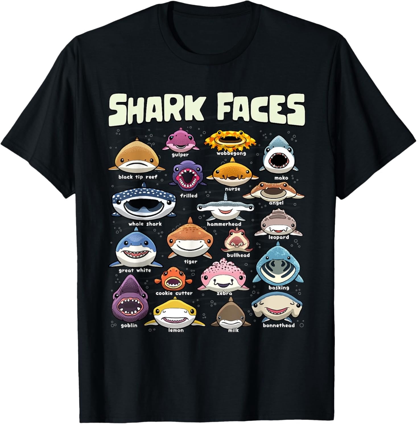 Shark Species of the World T-Shirt – Funny Sea Animal Faces Tee for ...