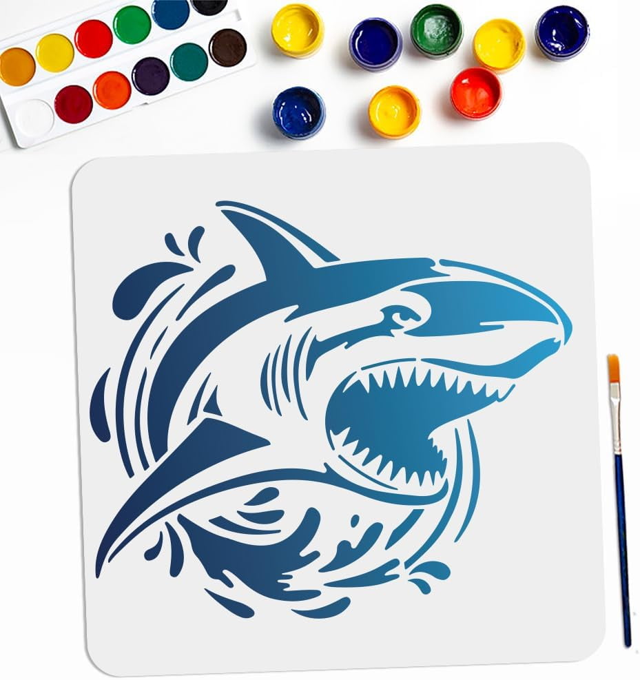 Shark Stencils 11.8×11.8inch Large Sea Ocean Creatures Painting Stencil with Paint Brush Ocean ...