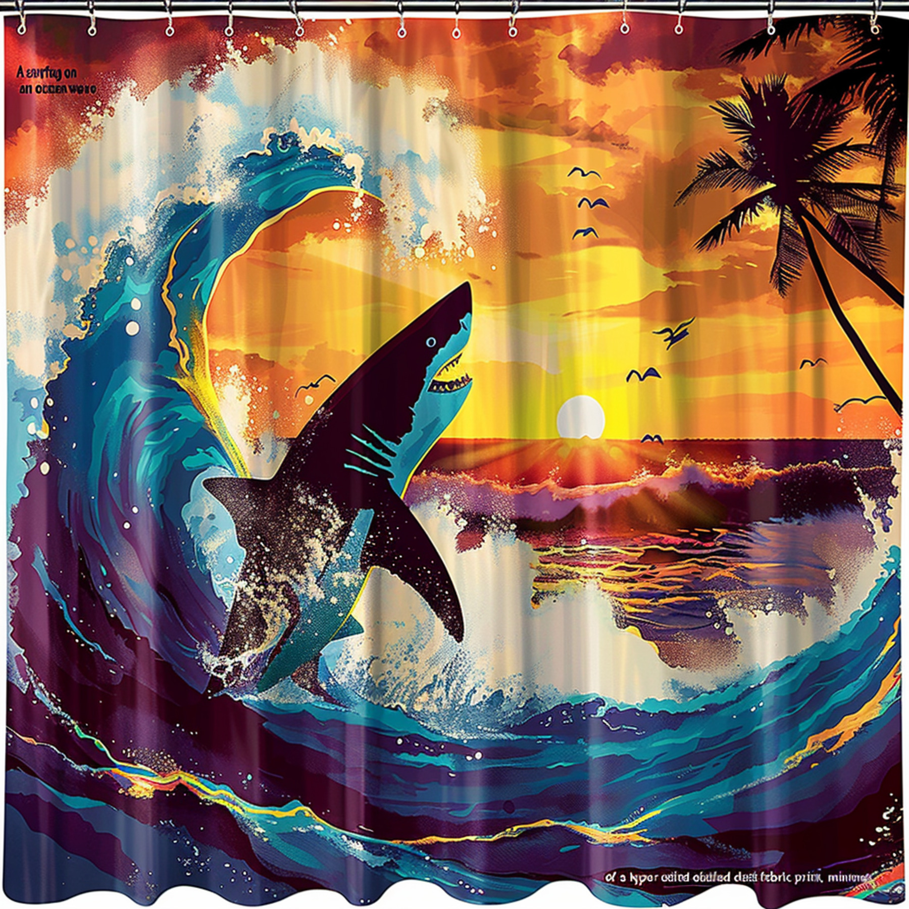 Shark Surfing Sunset Wave Palm Trees Fabric Print Shower Curtain Hyper ...