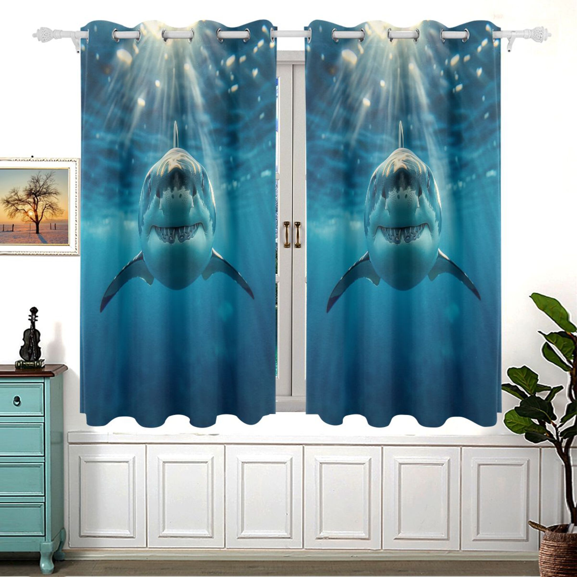 Shark Swimming Underwater Blackout Curtains 54 inch Length 2 Panels ...