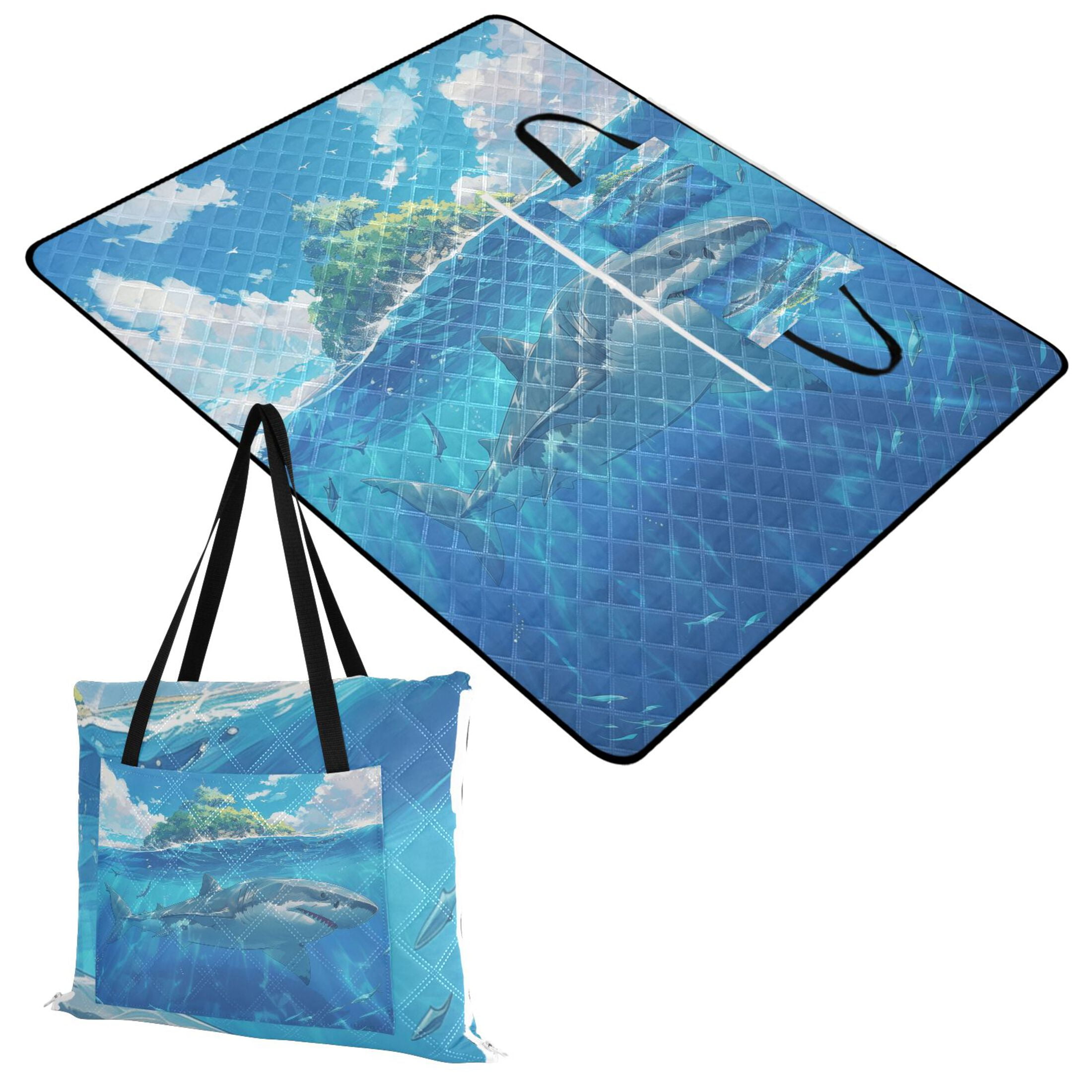 Shark Swimming and Islands Extra Large Picnic Beach Blanket Waterproof ...