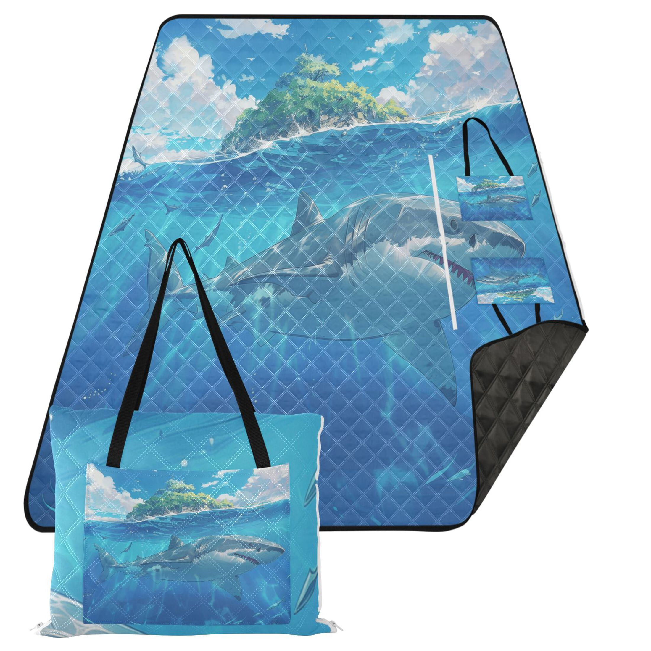Shark Swimming and Islands Extra Large Picnic Beach Blanket Waterproof ...