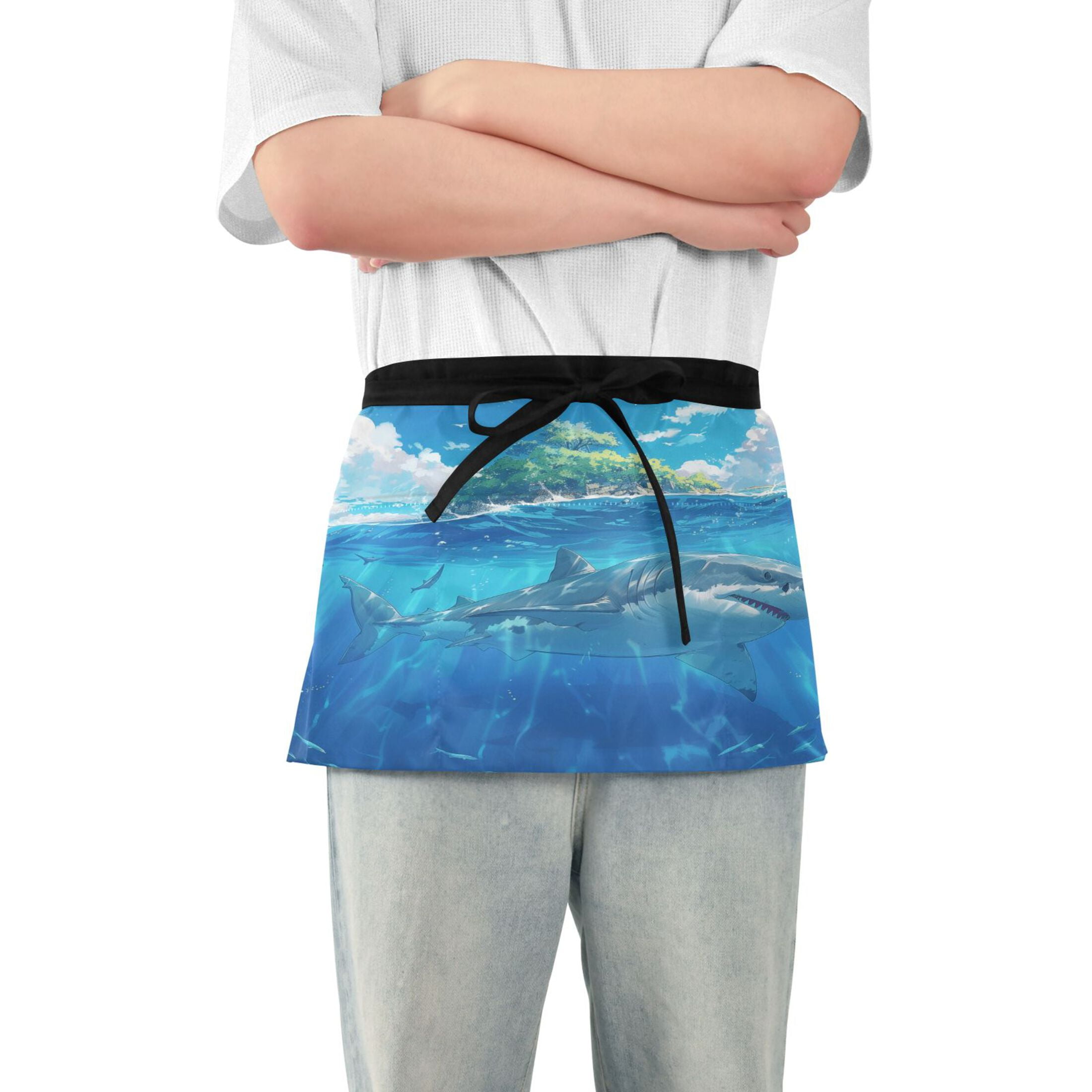 Shark Swimming and Islands Server Apron with 3 Pockets Waterproof ...