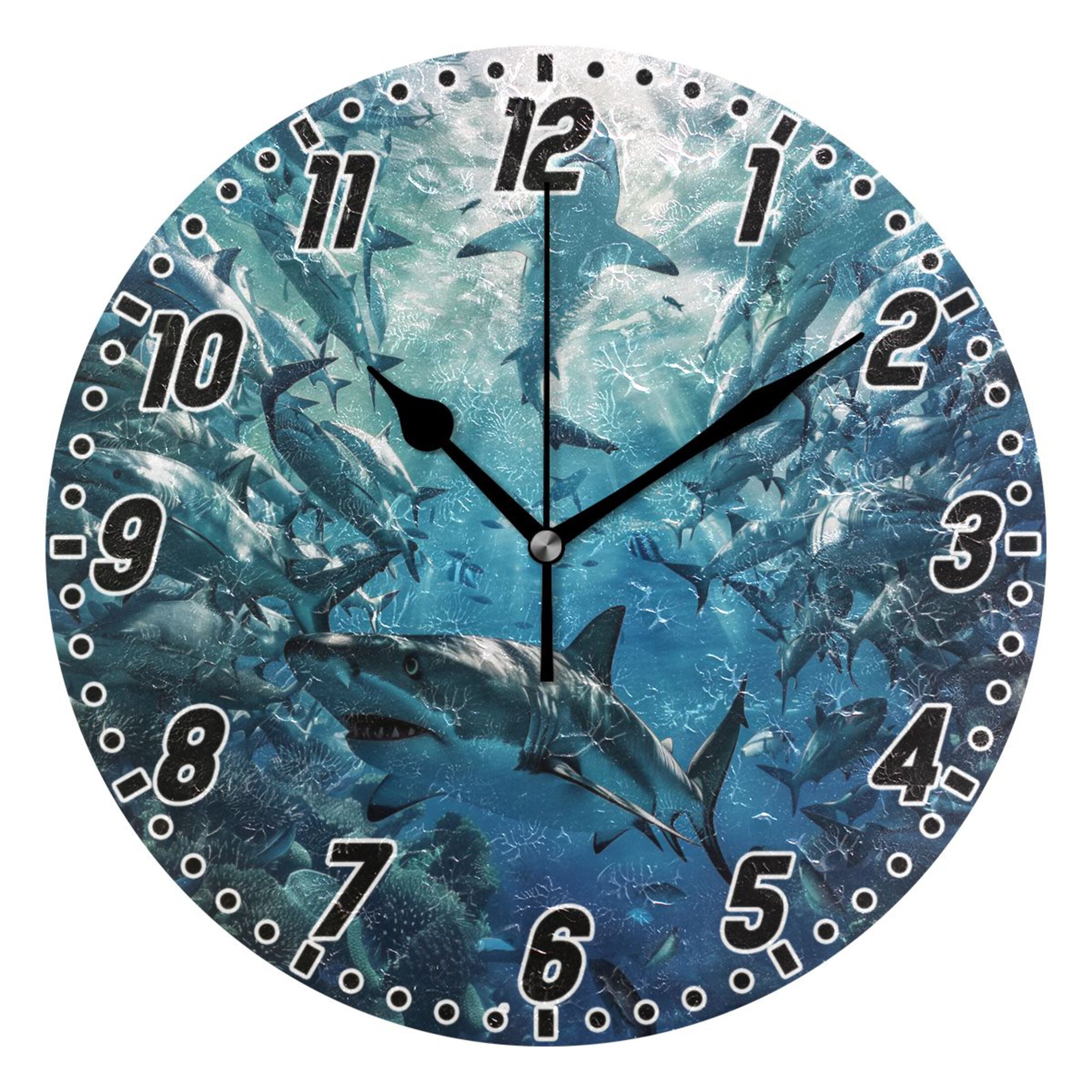 Shark Swimming in Fish Schools Round Wall Clock Battery Operated Silent ...