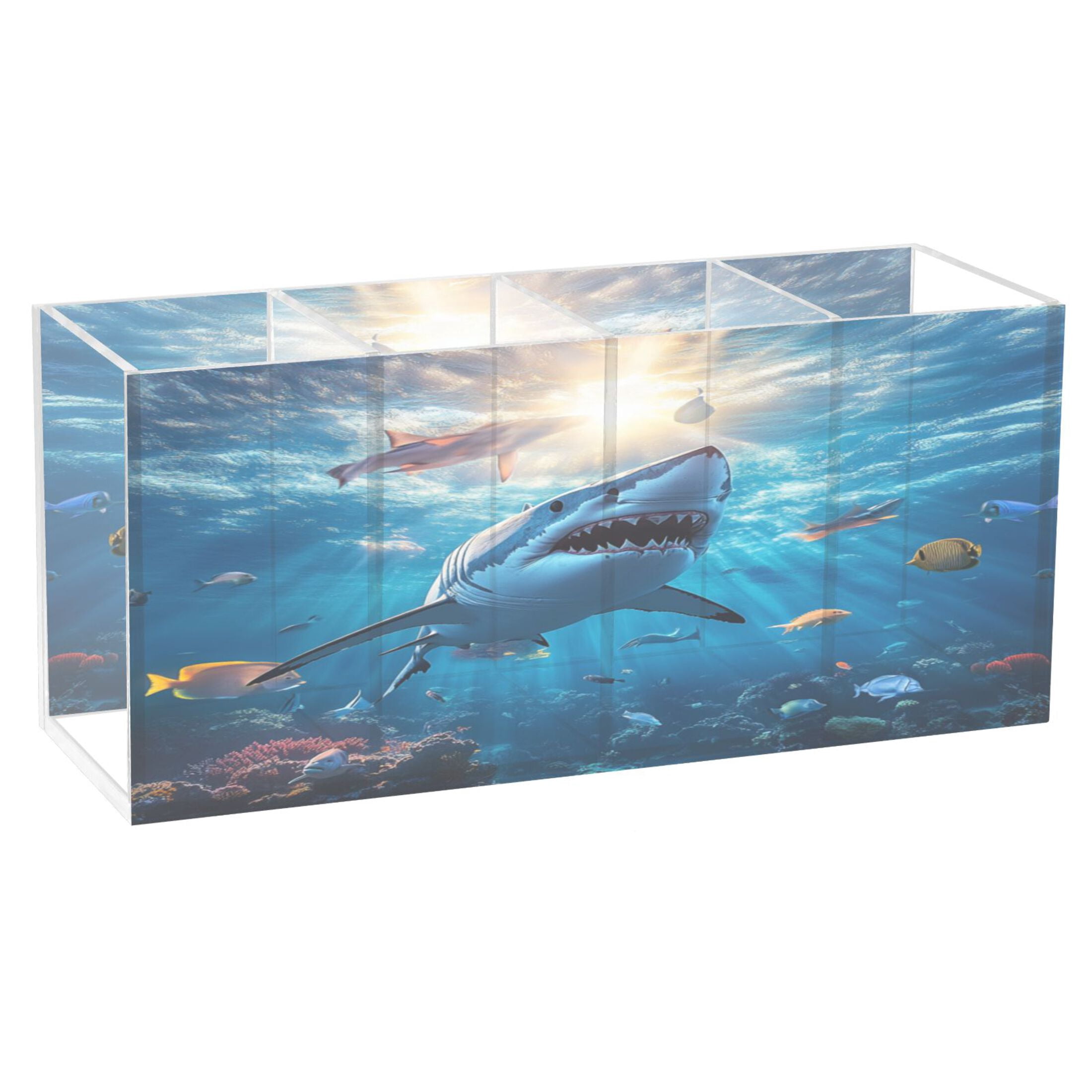 Shark Swimming in The Ocean Acrylic Pen Holder 4 Compartments Clear ...