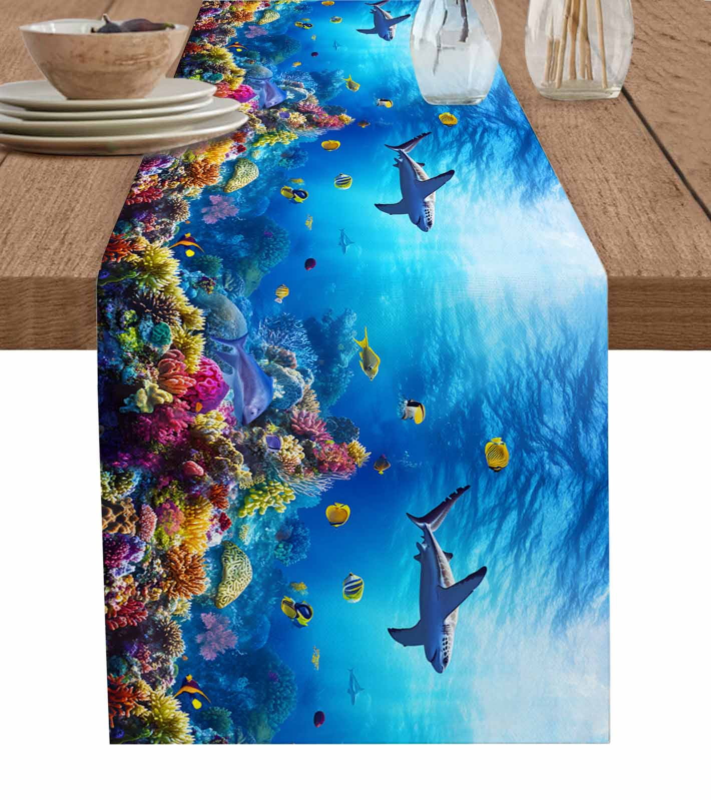 Shark Table Runner 60 Inches, Blue Ocean Underwater Animal Coral ...