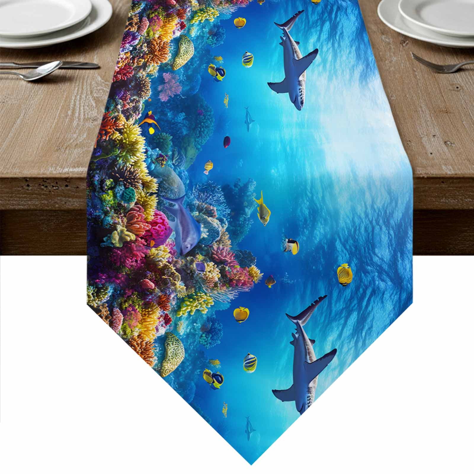 Shark Table Runner Linen Burlap Table Runner 90 Inches Long Blue Ocean ...