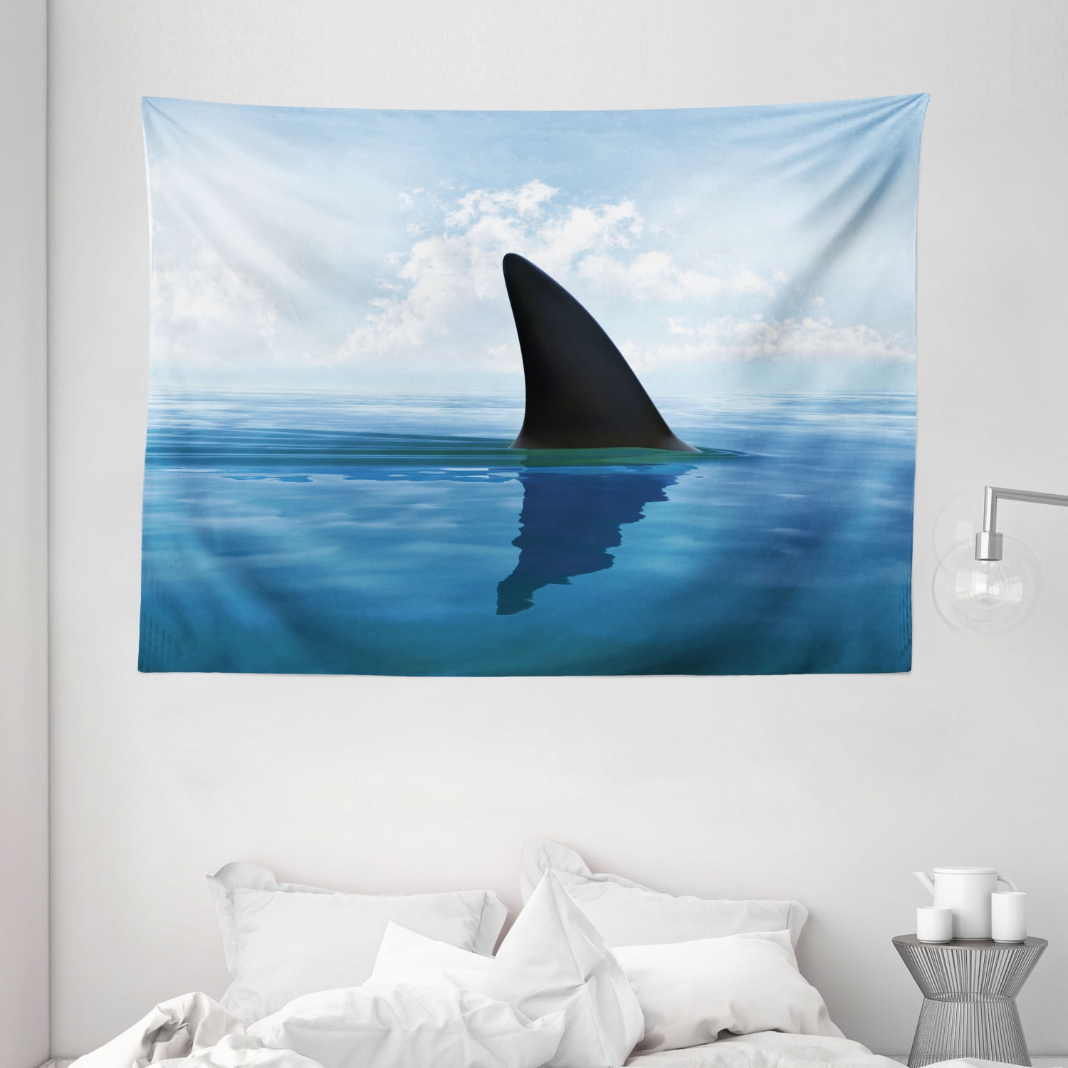 Shark Tapestry, Shark Fish Fin over the Sea Surface Danger Caution ...