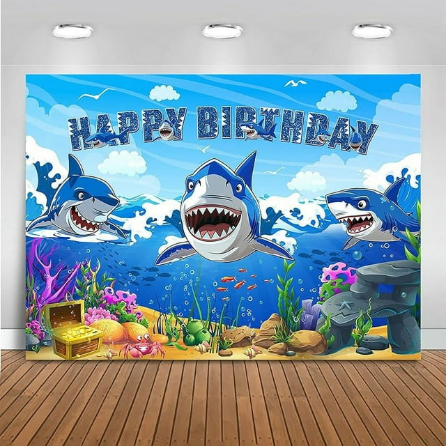 Shark Themed Birthday Backdrop Shark Under The Sea Happy Birthday for ...