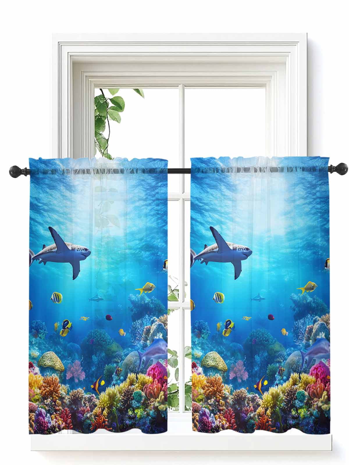 Shark Tier Curtains 45 Inch Length,Sheer Curtains for Bedroom Living ...