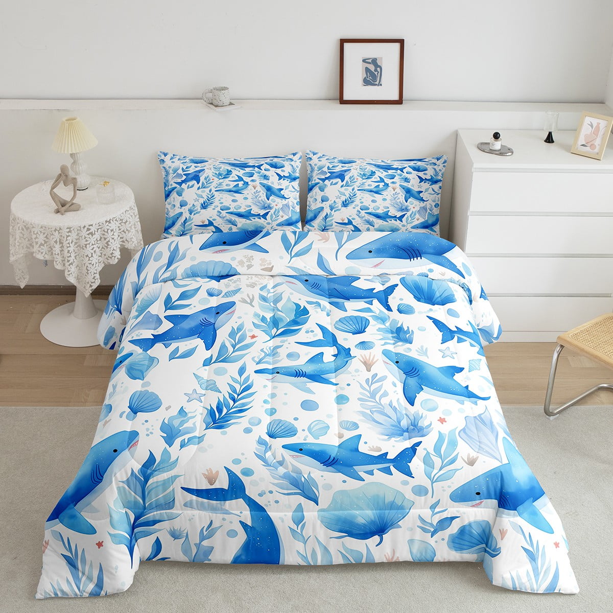 Shark Bedding Set Bedroom,Ocean Sealife Comforter Set,Sea Shell Marine ...
