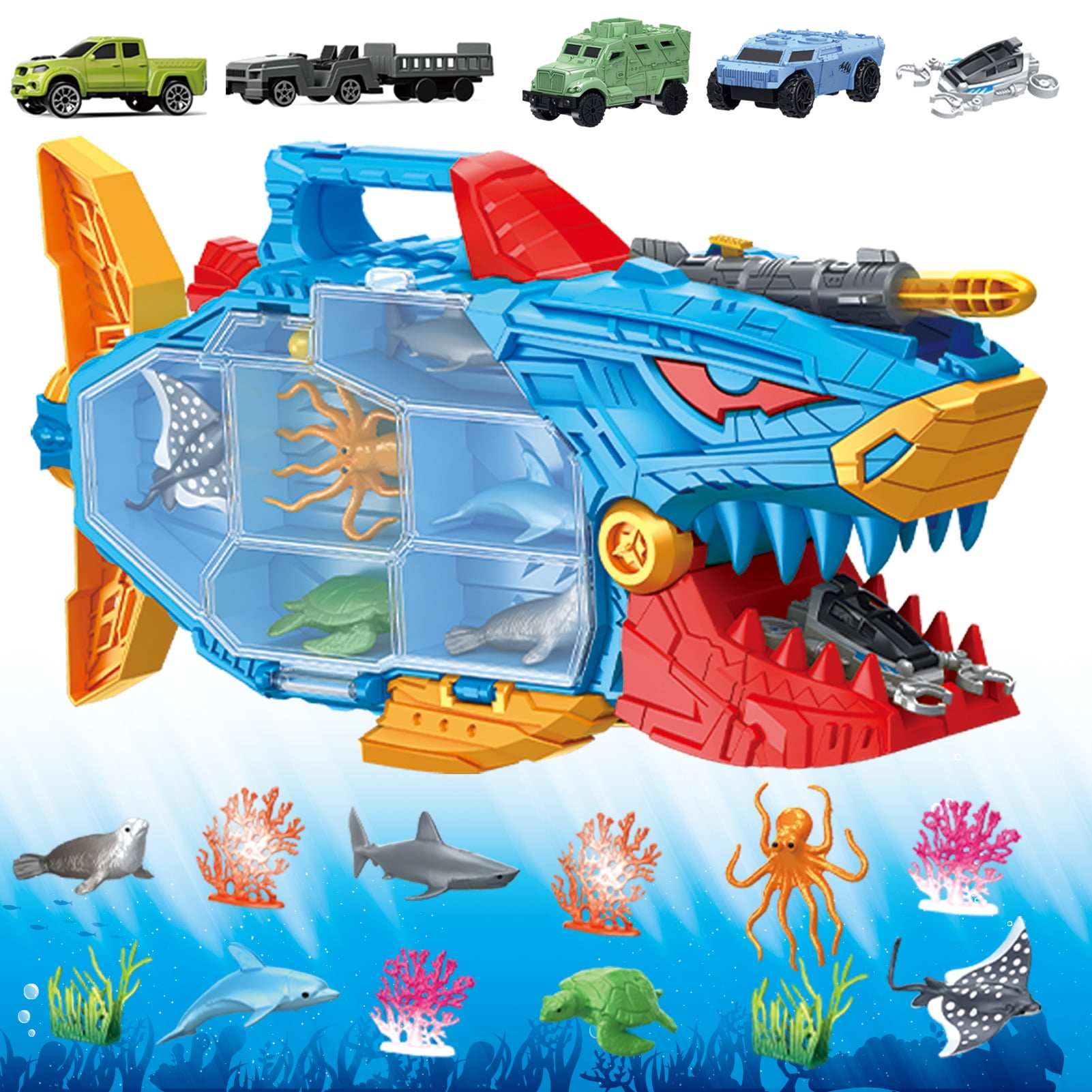 Shark Toy & Deep Sea Creatures Ocean Animal Toys with Truck Cars 18 ...