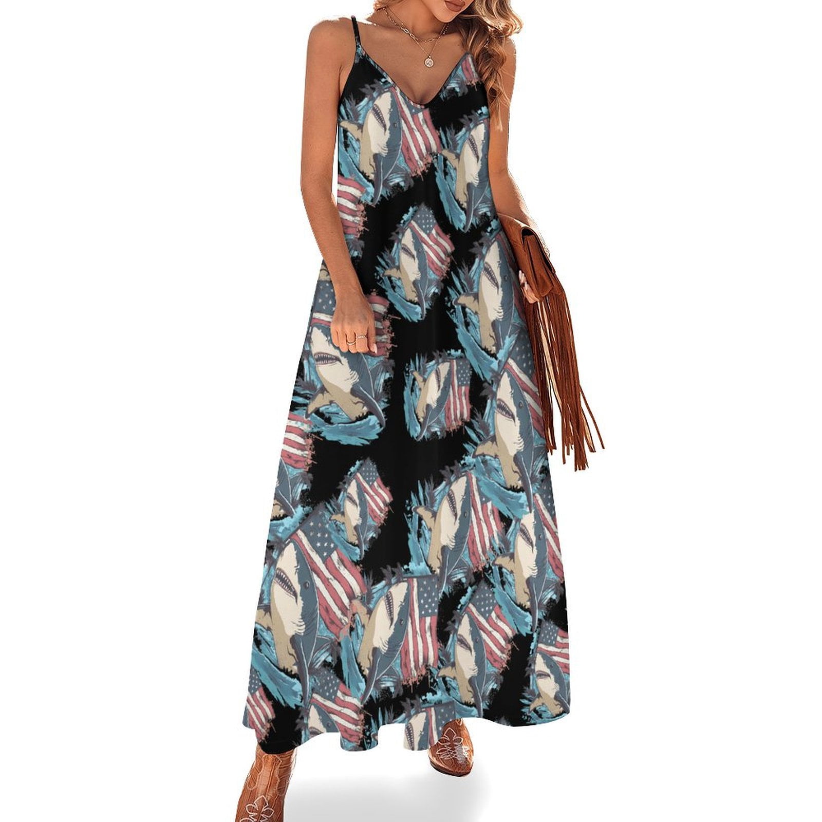 Shark U.S Flag Palm Trees Women's Maxi Dress Spaghetti Strap Bohemian ...