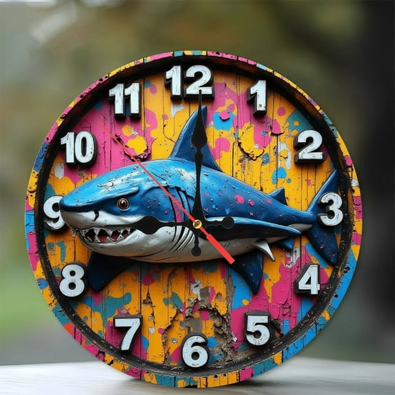 Shark Wall Clock Colorful Nautical Decor Design 10-Inch Silent Wooden ...