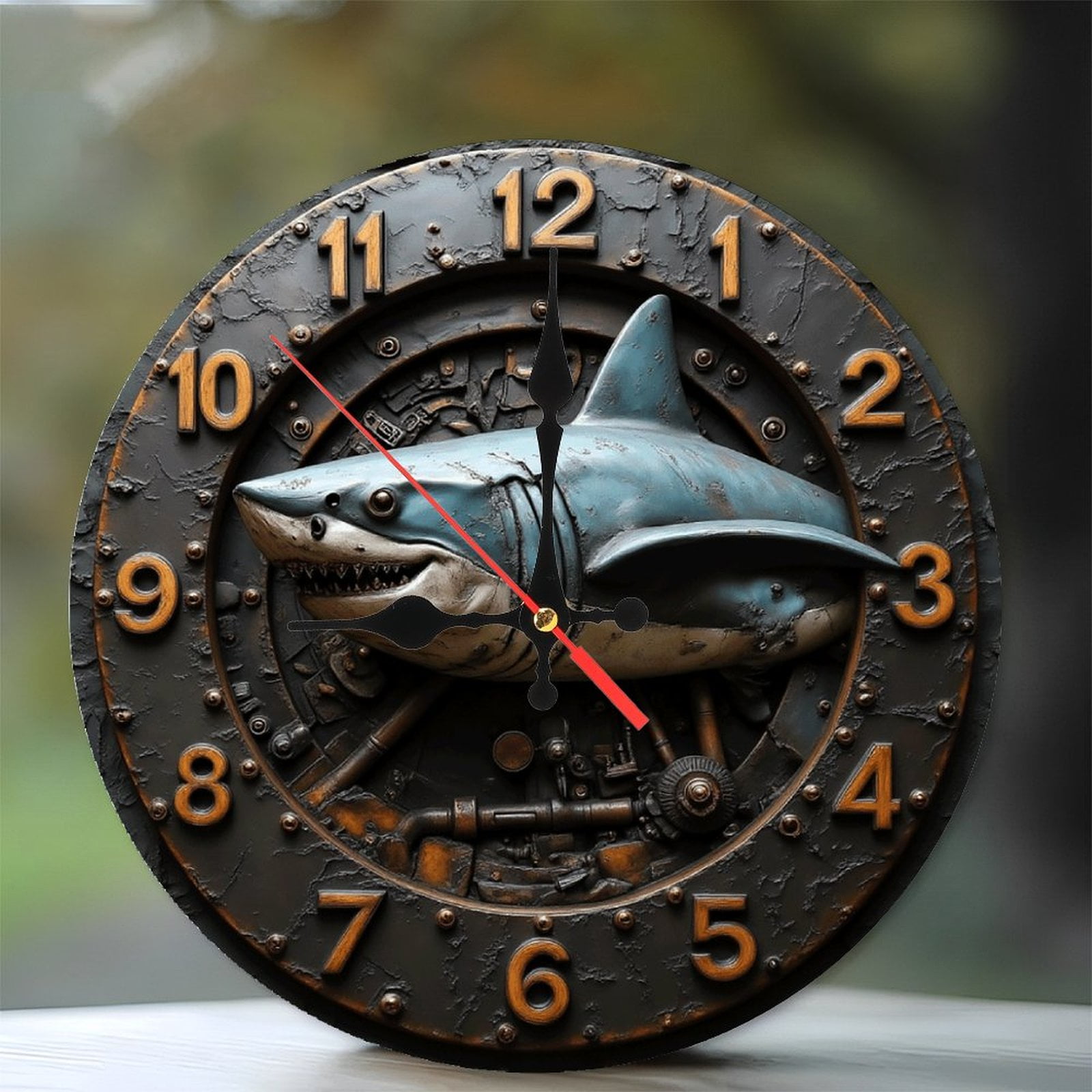 Shark Wall Clock with Vintage Steampunk Design 10-Inch Silent Wooden ...