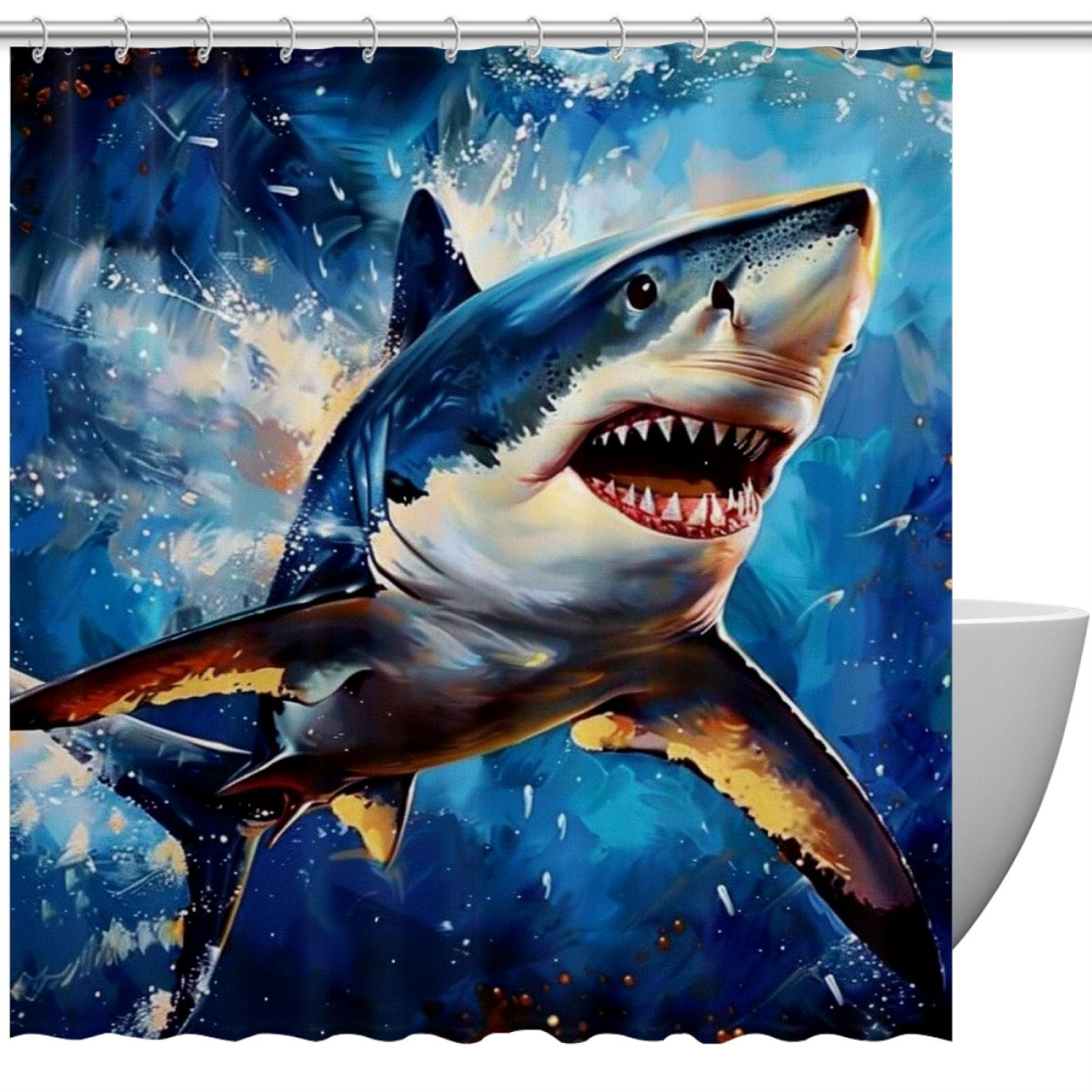 Shark Waterproof Printed Bathroom Curtain Set with Hooks for Bathroom ...