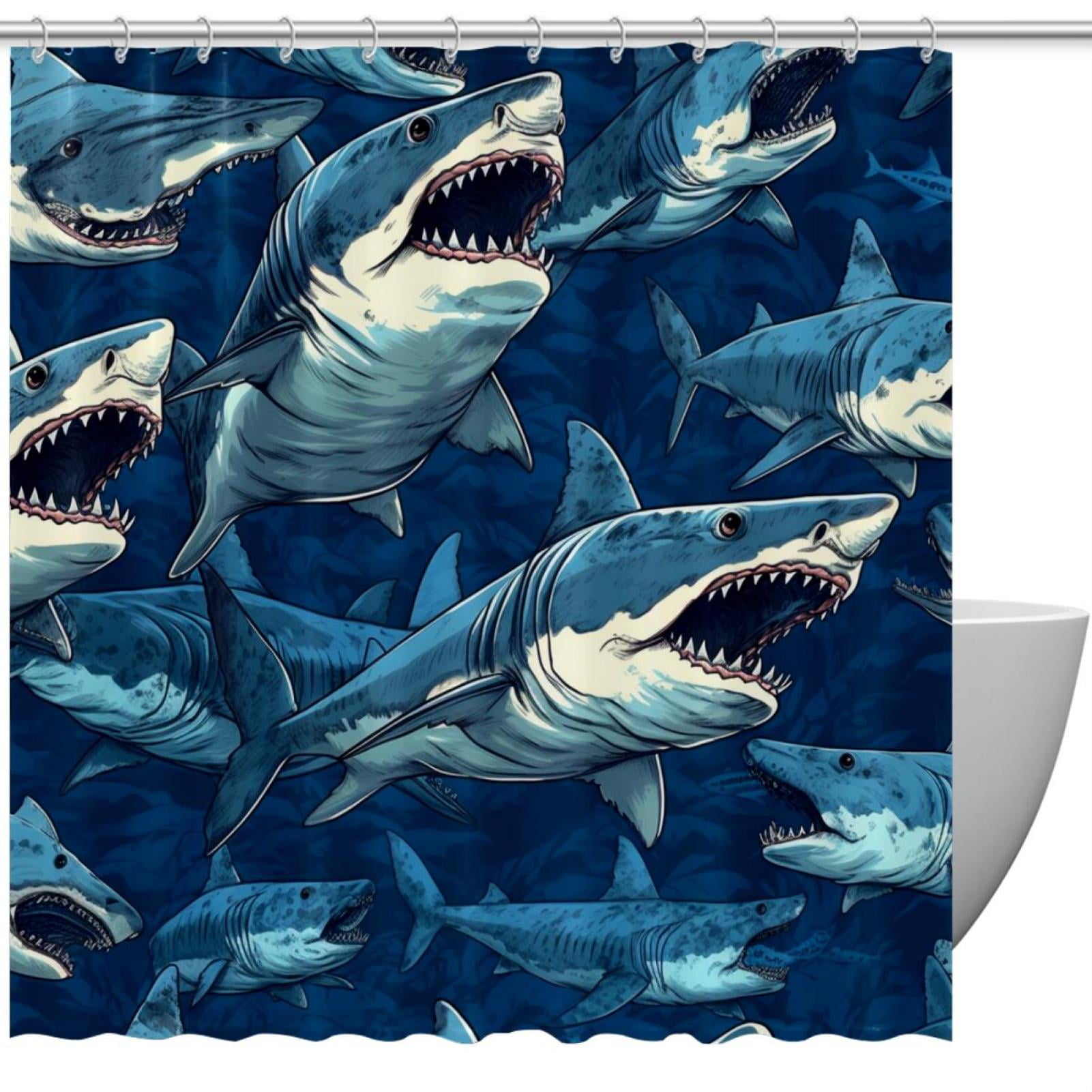 Shark Waterproof Printed Shower Curtain Set with Hooks - Bathroom ...