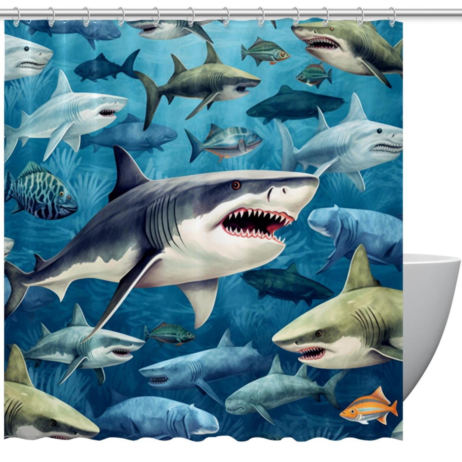 Shark Waterproof Printed Shower Curtain Set with Hooks for Bathroom ...