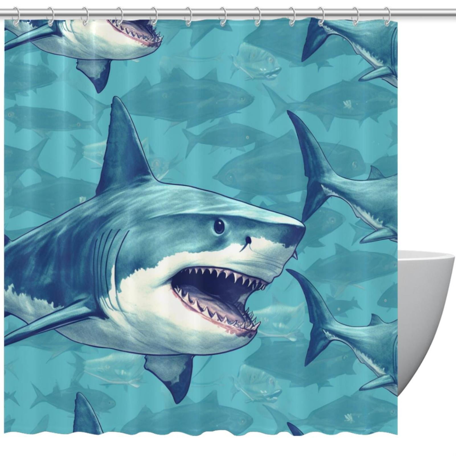 Shark Waterproof Printed Shower Curtain Set with Hooks for Bathroom ...