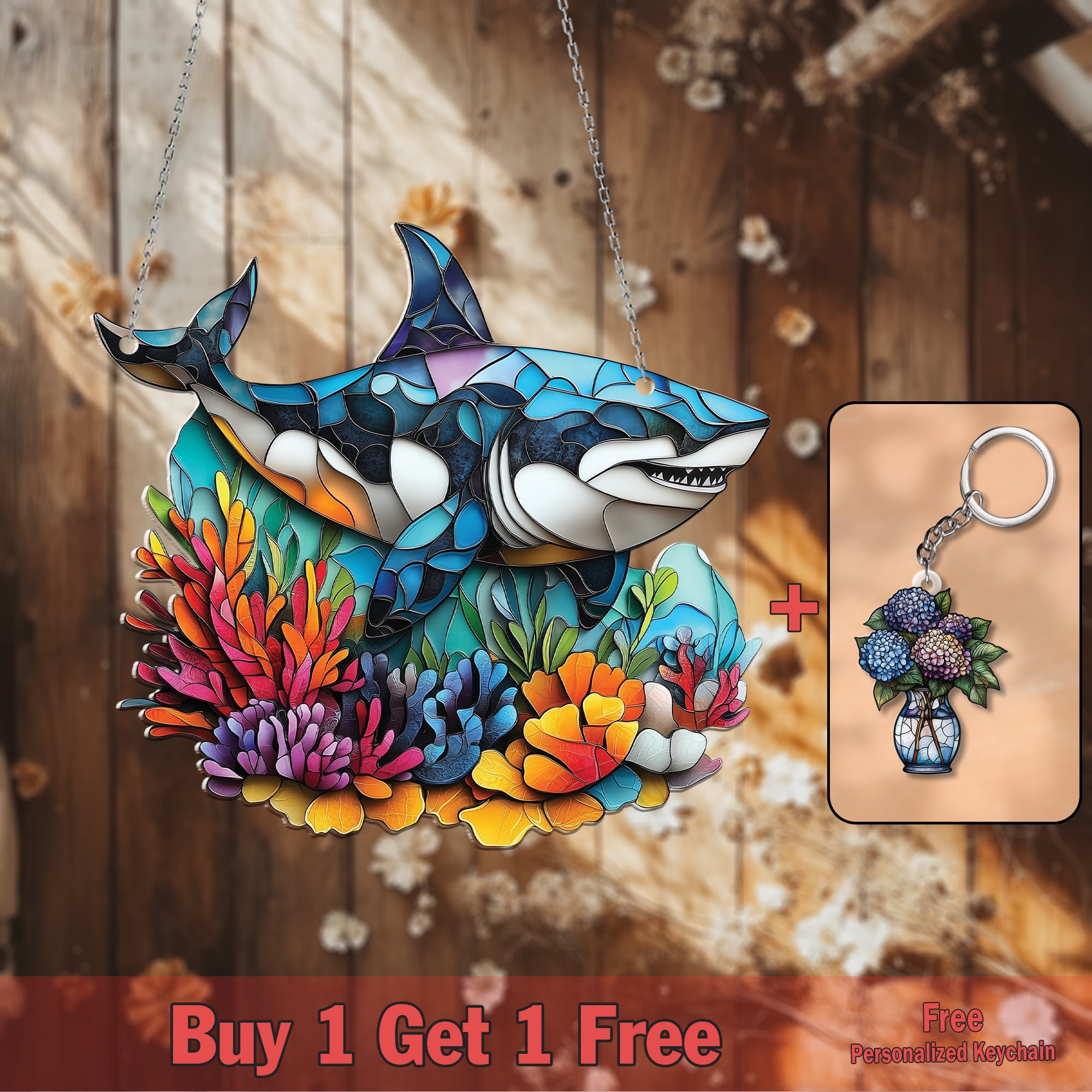 Shark Window Hanging - Fierce Shark Suncatcher with Vibrant Coral Reef ...