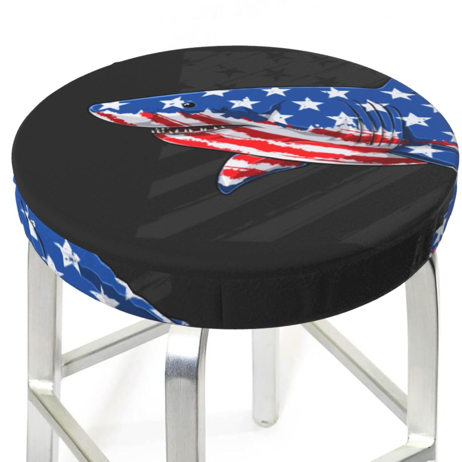 Shark With USA Flag Round Bar Stool Seat Covers, Elastic Round Chair ...