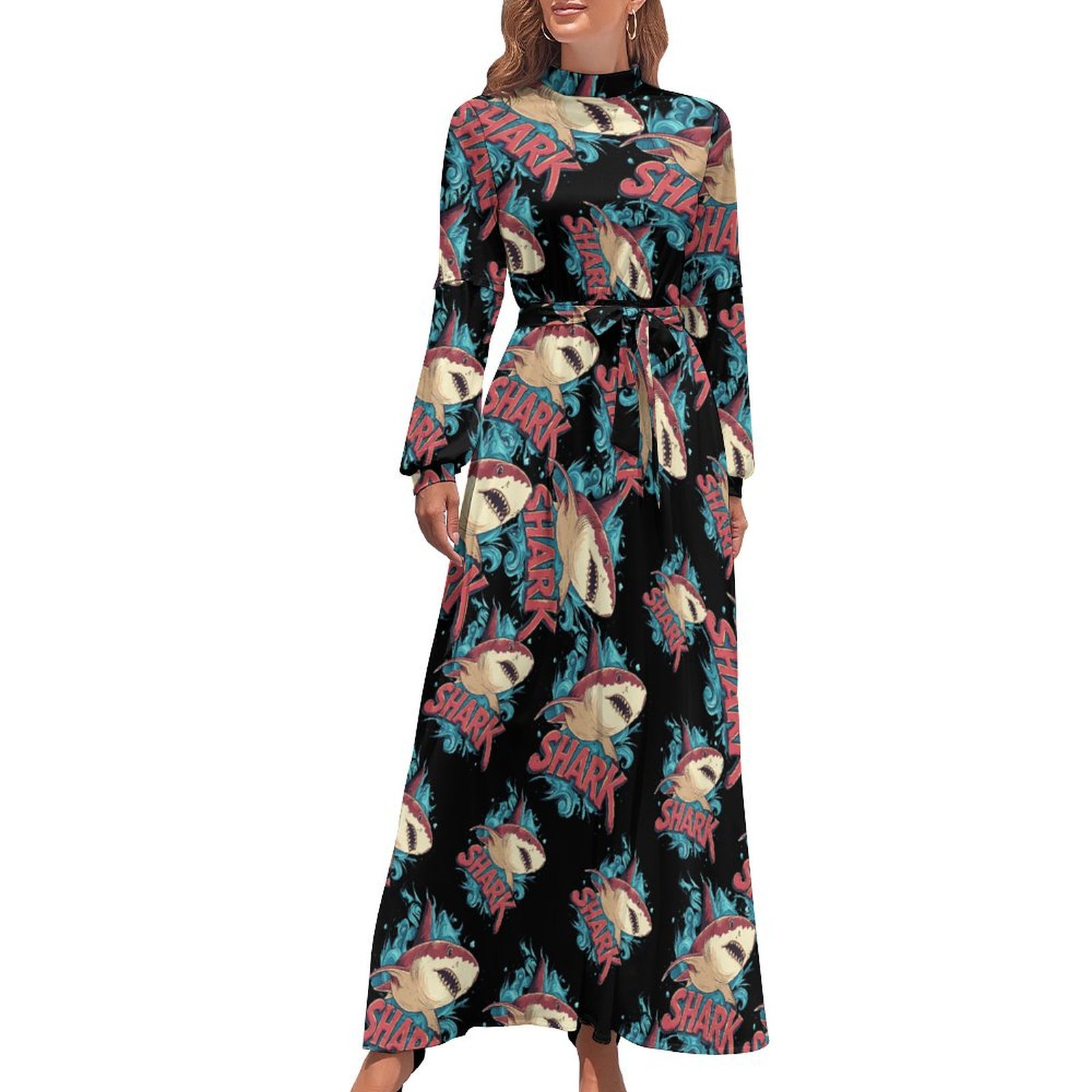 Shark Women's Fall Maxi Dress Long Sleeve Turtleneck Flowy Smocked Tie ...