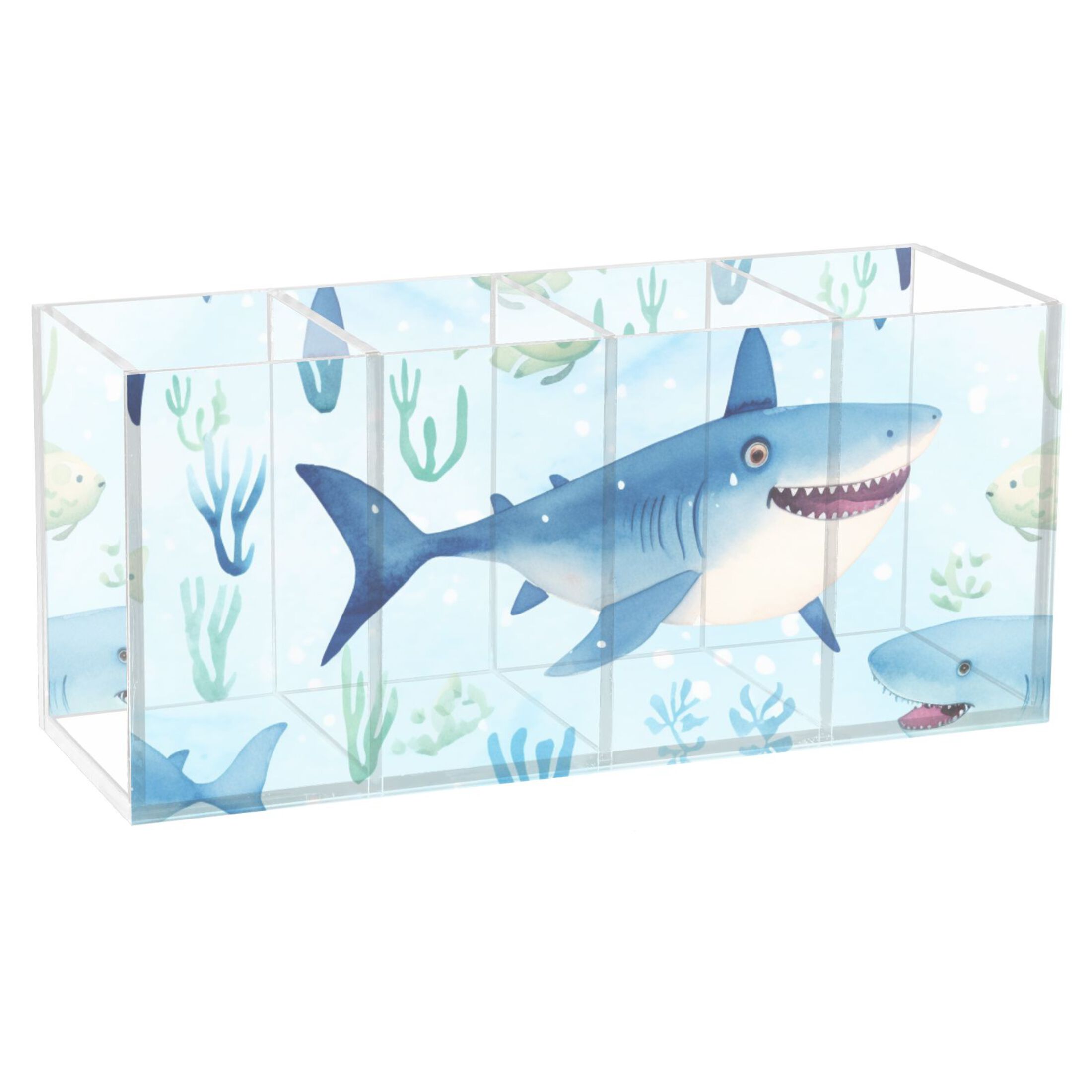 Shark and Fish Acrylic Pen Holder Cup 4 Compartments Clear Pencil ...