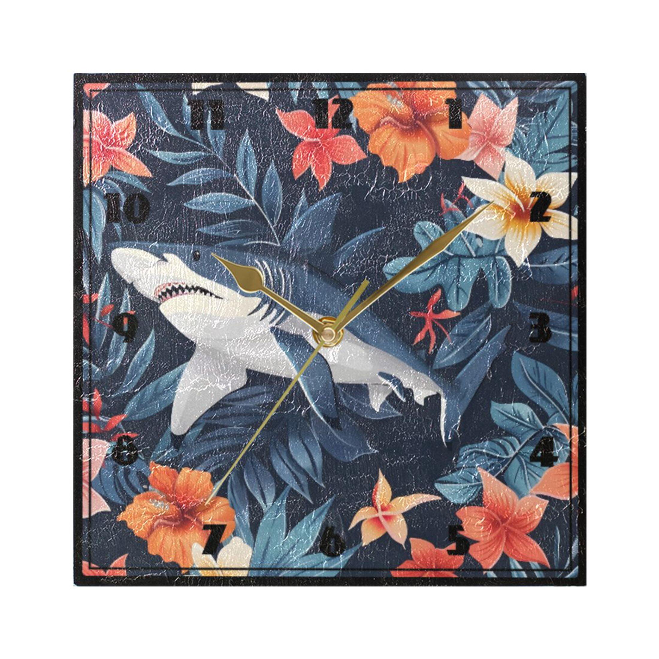 Shark in Flowers and Leaves Wall Clock 7.78" Non-Ticking Silent Battery ...