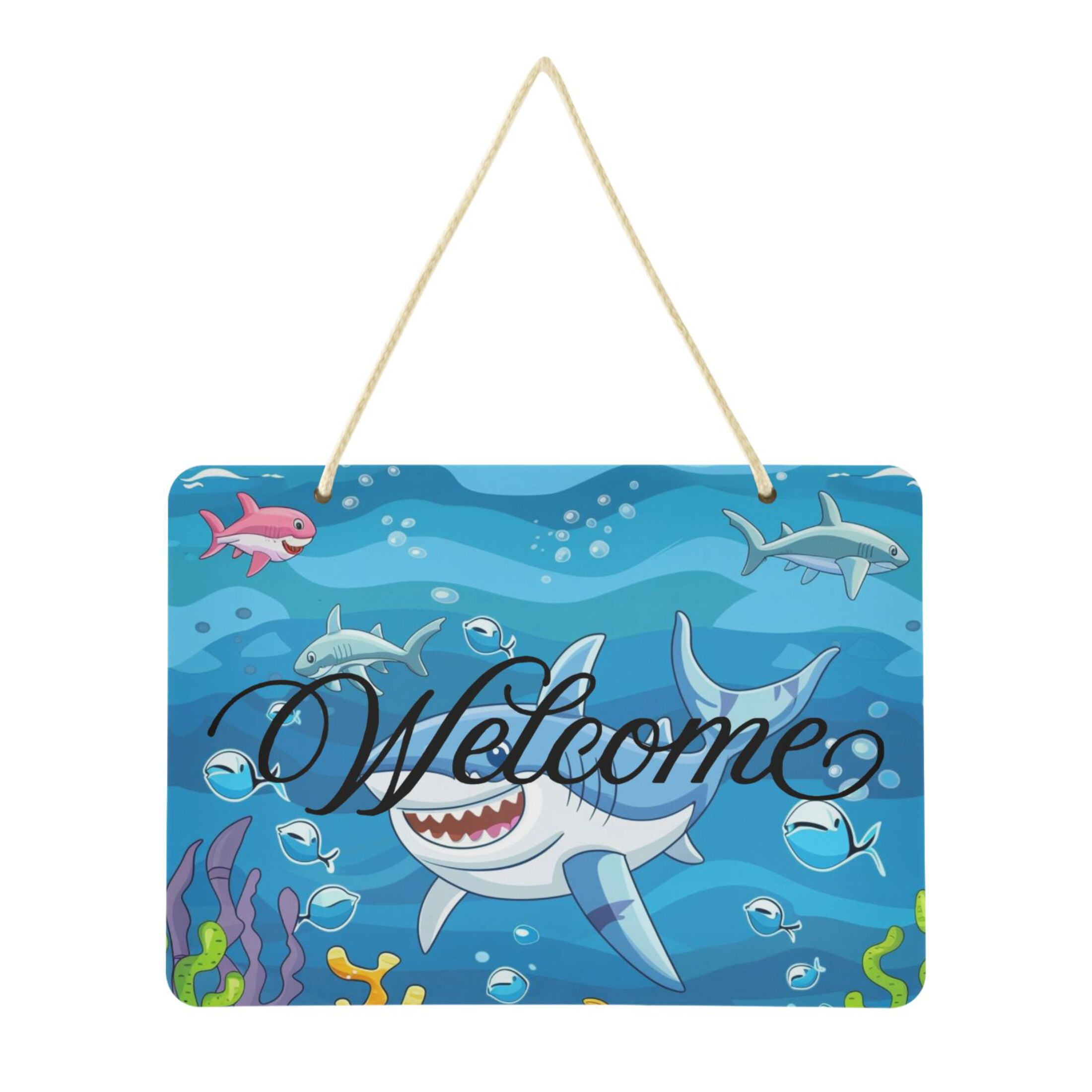 Shark in Ocean Welcome Sign Front Door PVC 14x10 inch Hanger Hello Sign ...