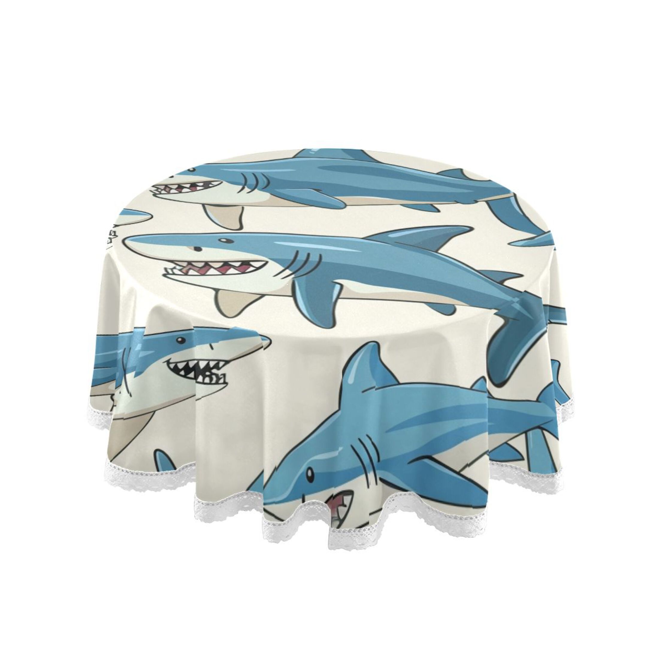 Shark on Beige Round Tablecloth 60" Reusable Circle Table Cover ...