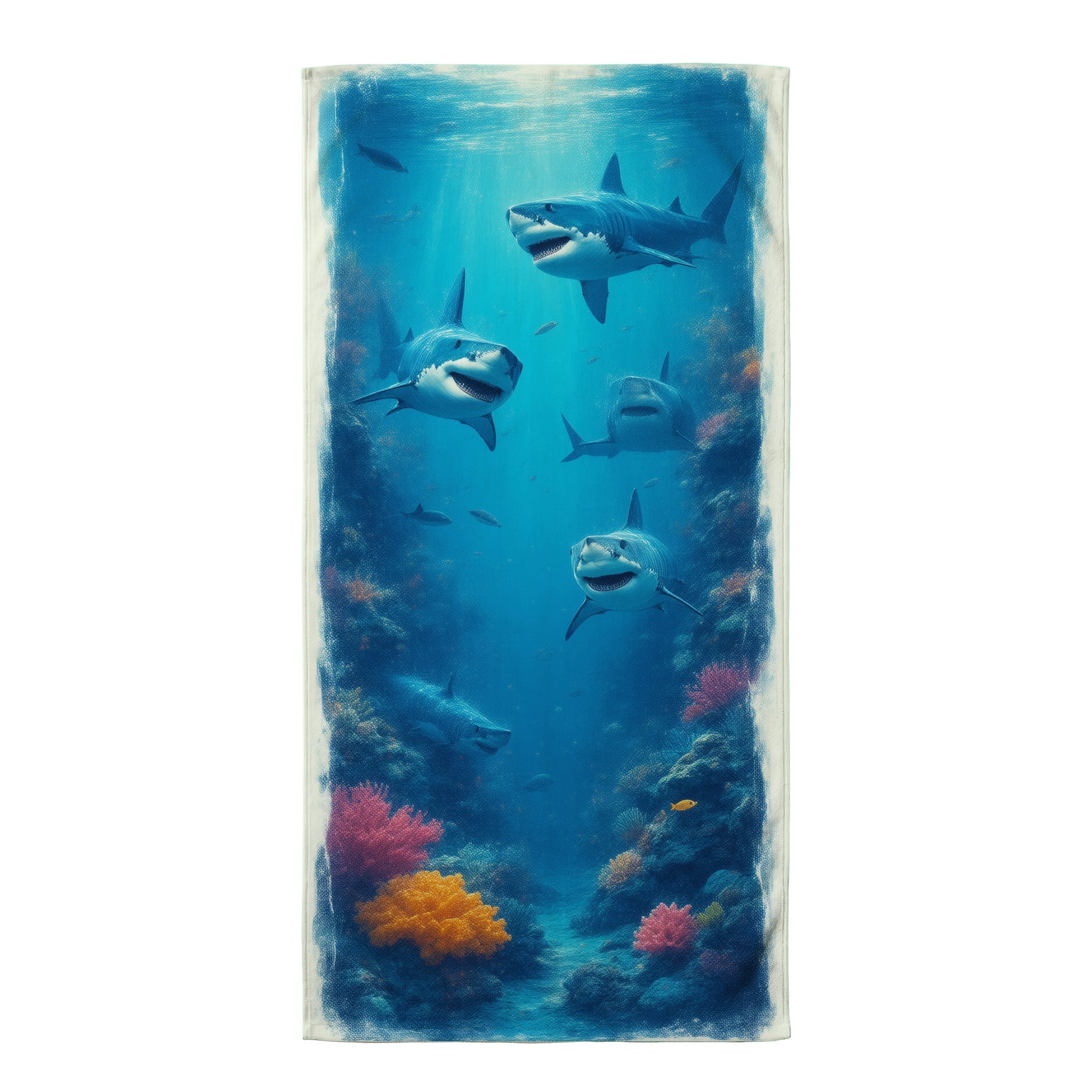 Shark towel A group of sharks swimming in the ocean near a coral reef ...