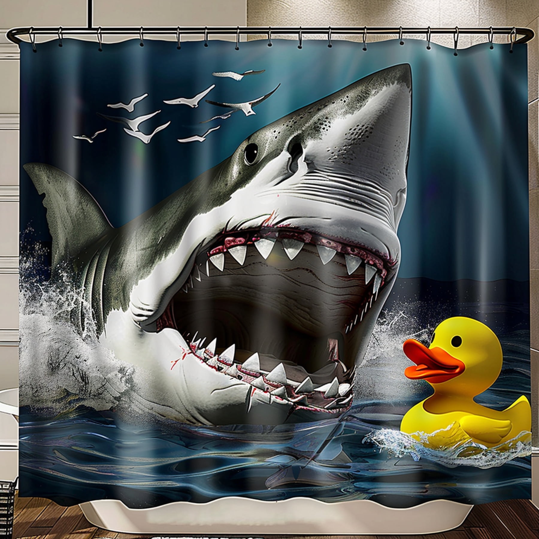Shark vs Rubber Duck Ocean Bathroom Curtain Hyper Realistic Photography ...