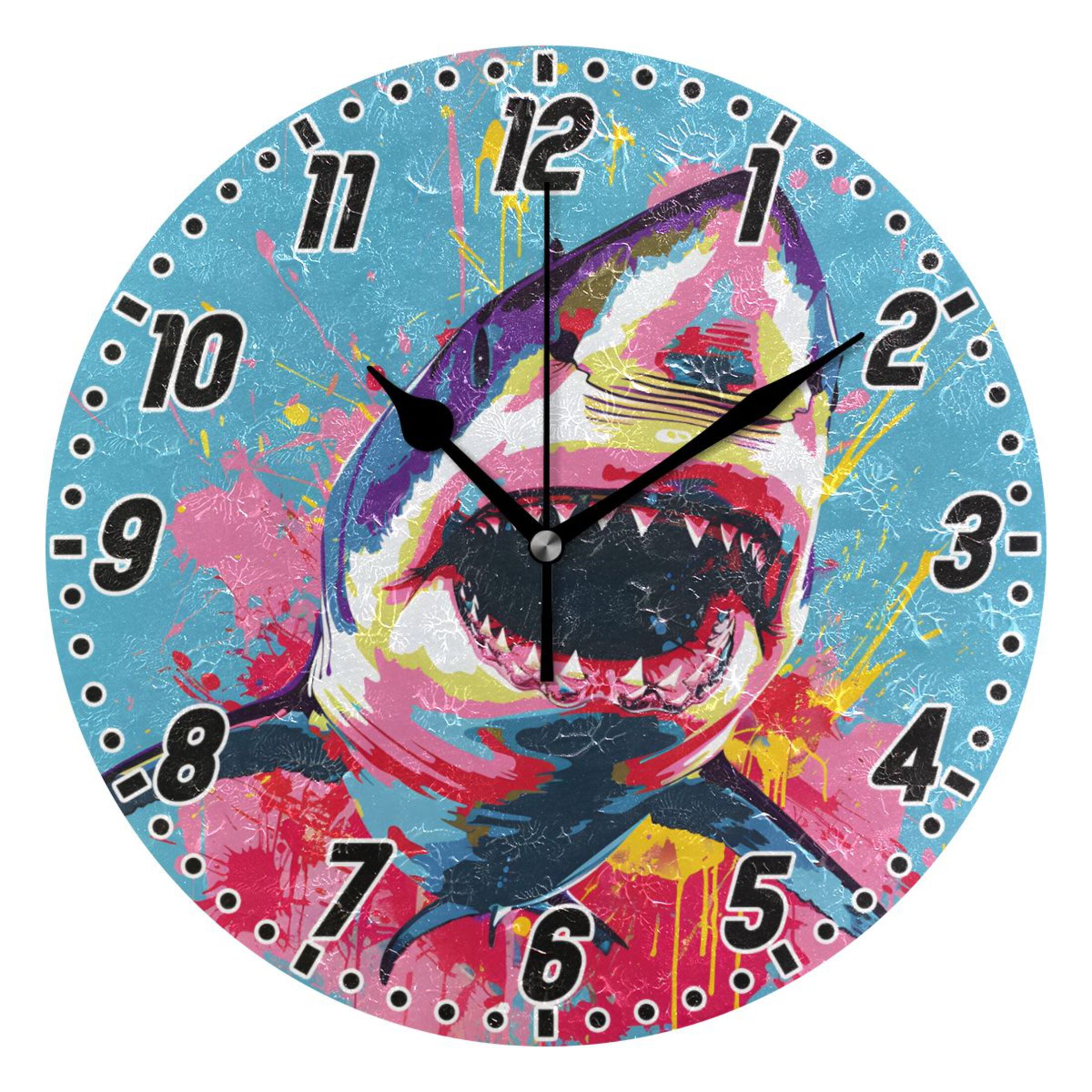 Shark with Paint Round Wall Clock Battery Operated Silent Non-Ticking ...