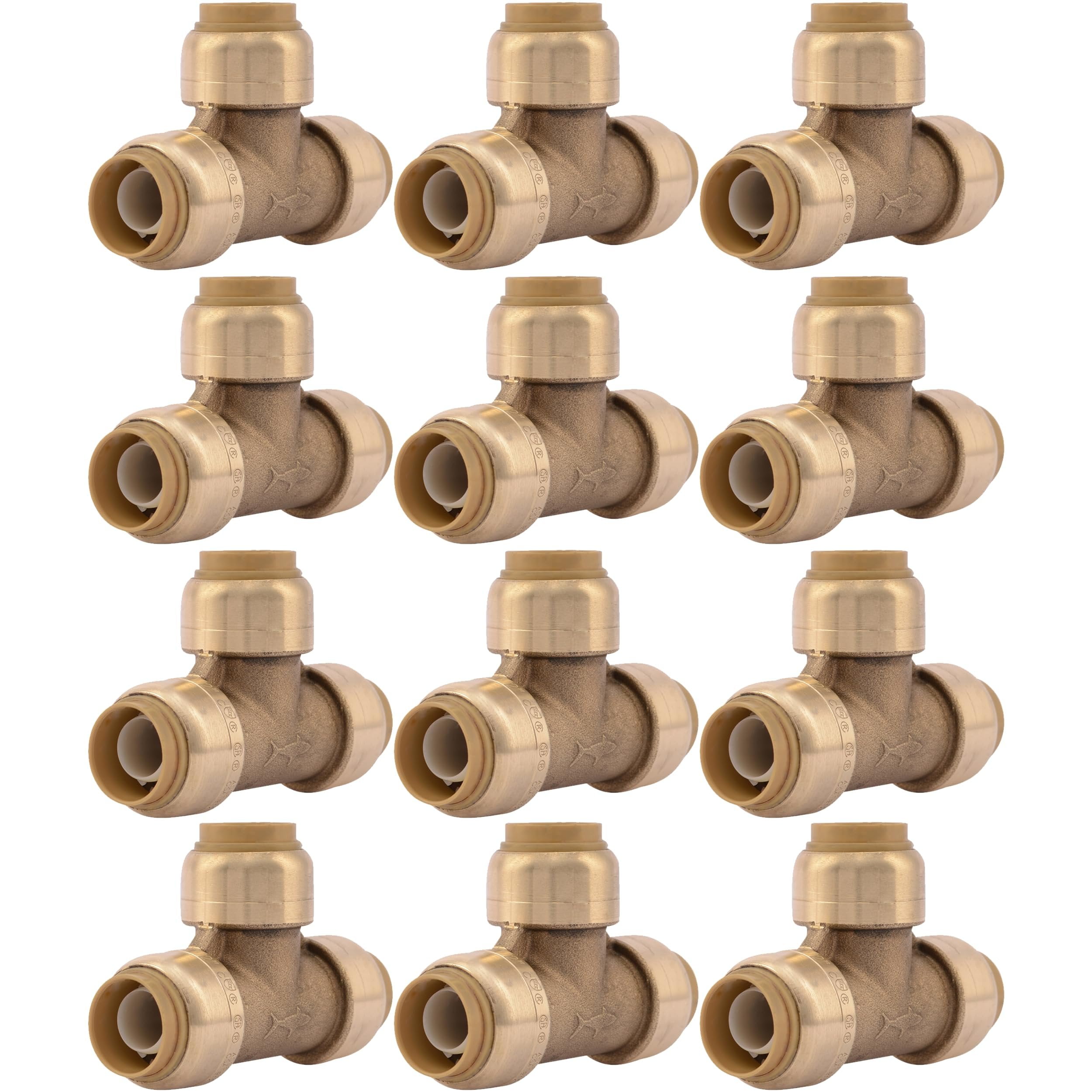 SharkBite 1/2 Inch Tee, Pack of 12, Push to Connect Brass Plumbing Fitting, PEX Pipe, Copper ...