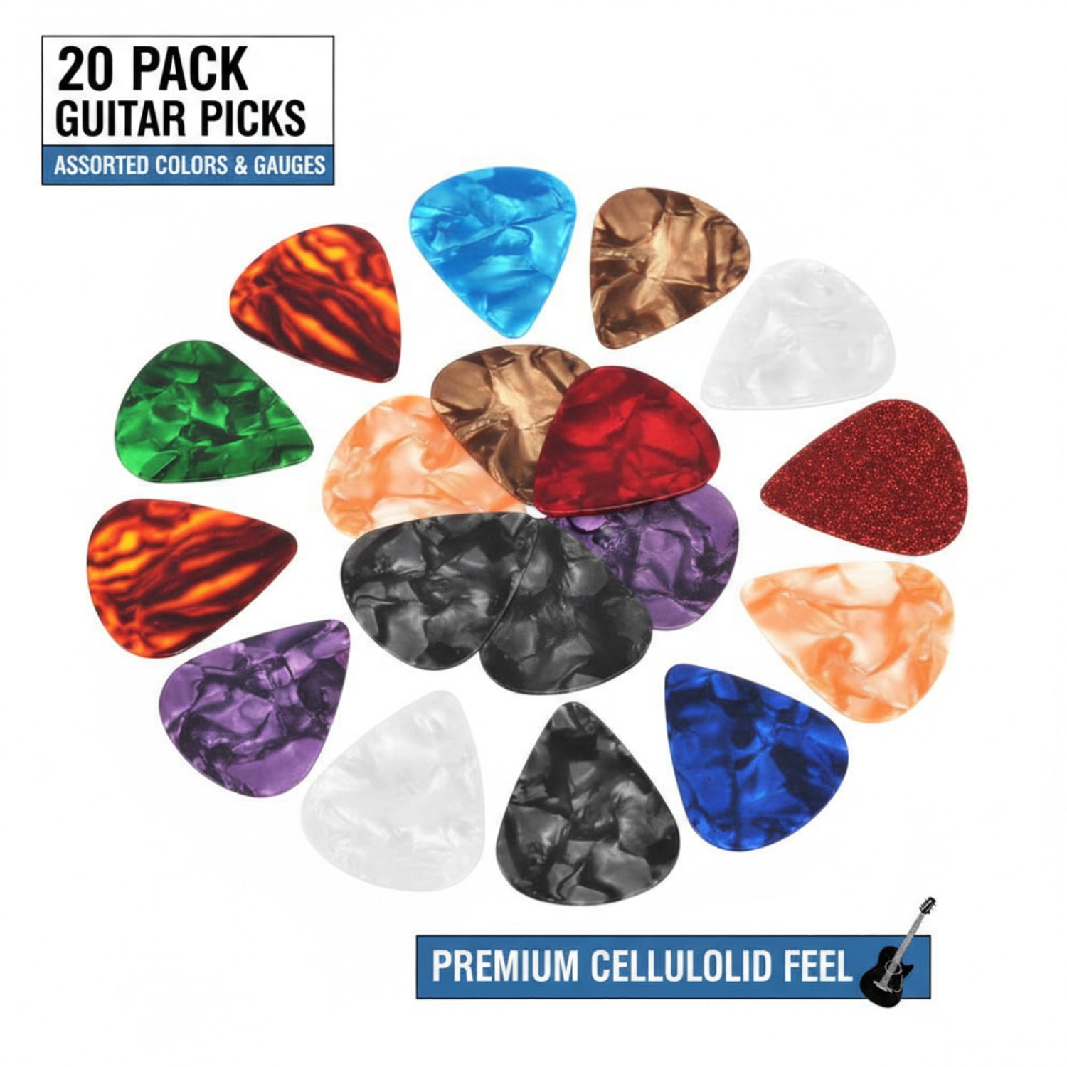 SharkTRUE 20-Pack Dual-Thickness Guitar Picks Assorted Colors for Bass ...