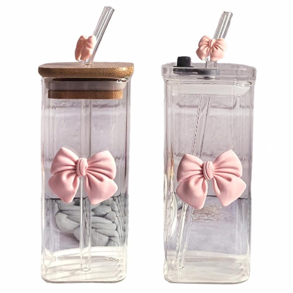 SharkTRUE Bow Aesthetic Cup - Bow Glass Cup,Cute Glass Cups with Lids ...