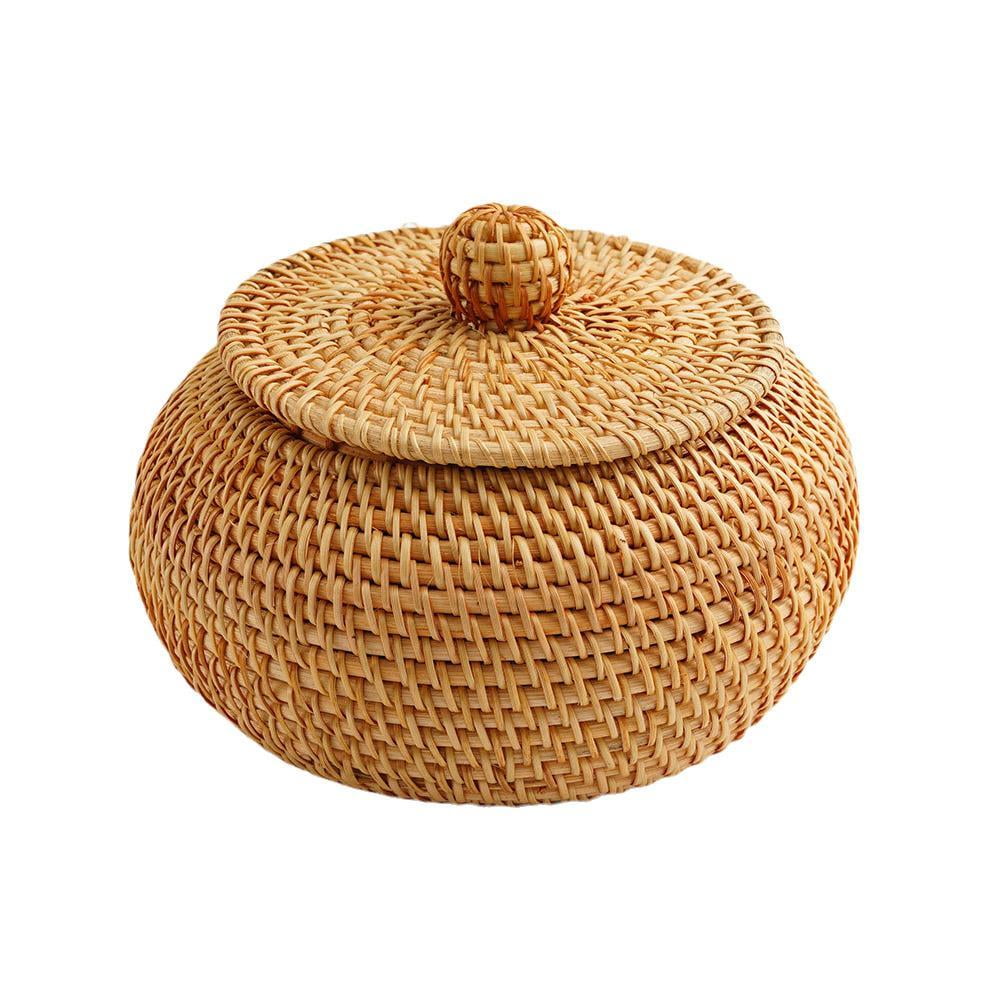 SharkTRUE Multifunctional Round Rattan Box with Lid Hand Woven Fruit ...