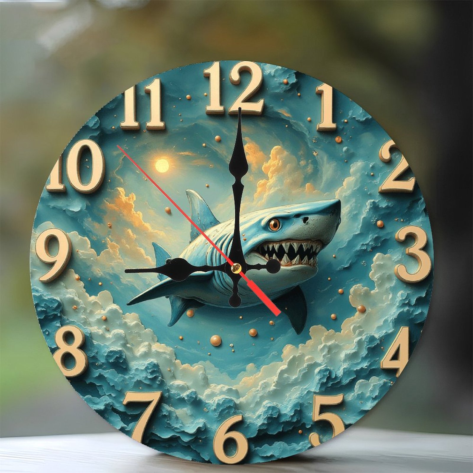 SharkThemed Wall Clock with 2D Effect Design 10-Inch Silent Wooden Wall ...
