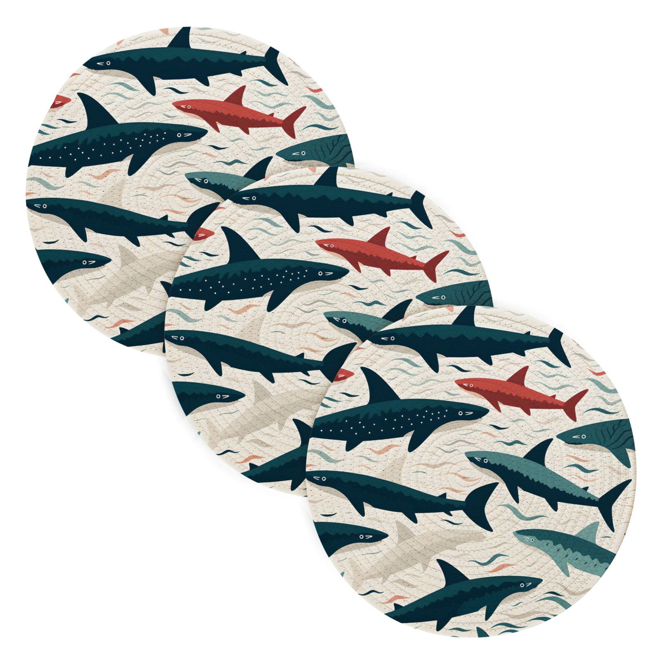 Sharks Blue 3 PCs Pot Holders Trivets Kitchen 15" Cotton Pans Hot Plate ...