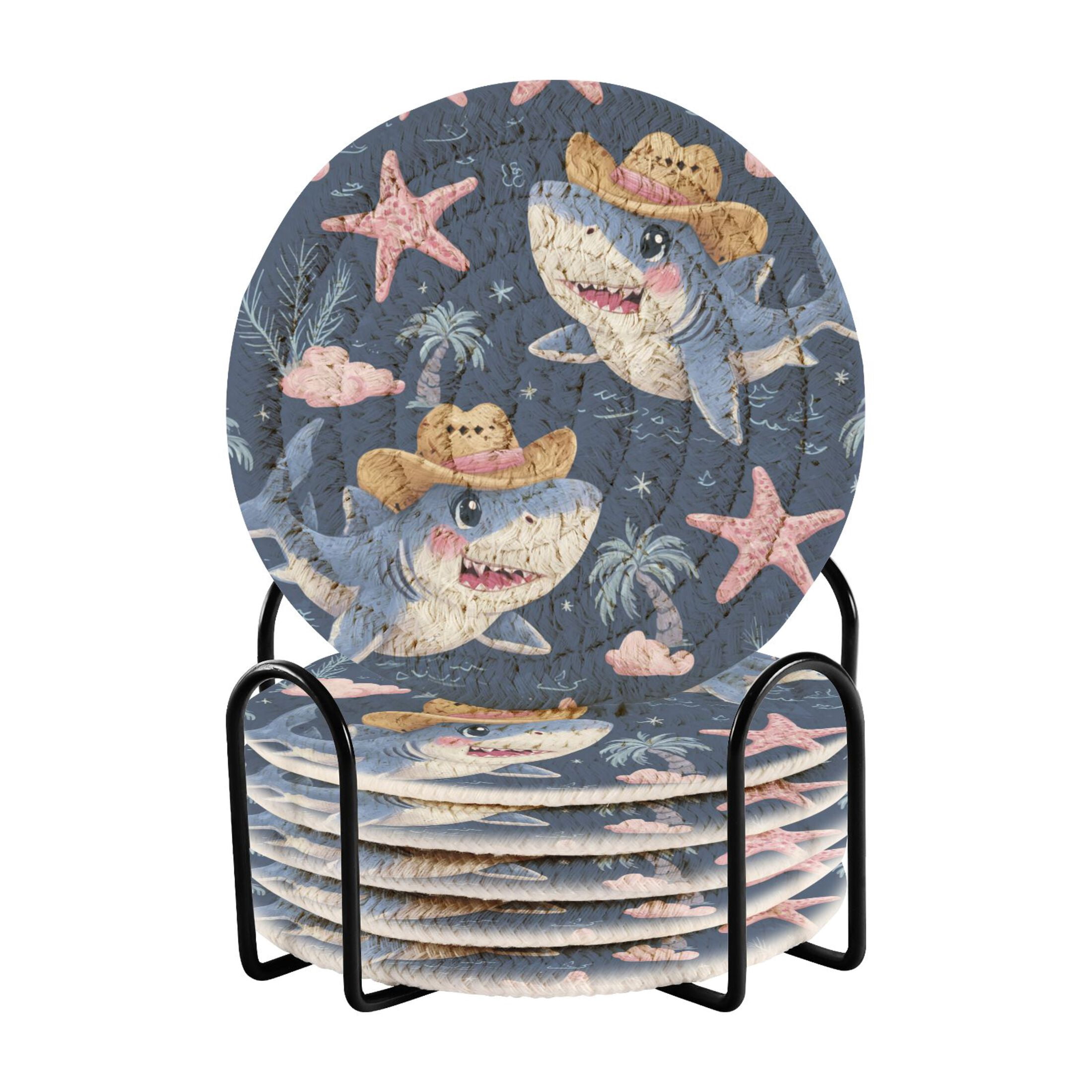 Sharks Cute Starfishes Trees Drinking Coasters Cup Mat with Holder for ...