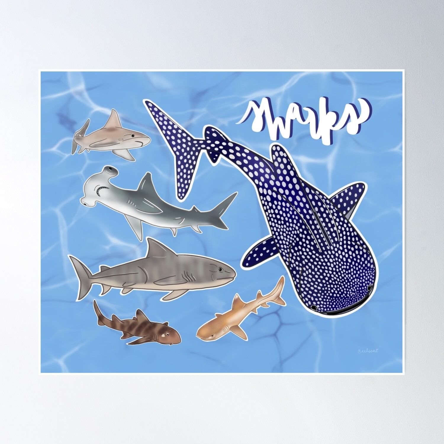 Sharks! Medley - Cartoon Poster Wall Art, Modern Wall Decor, 8x12 ...