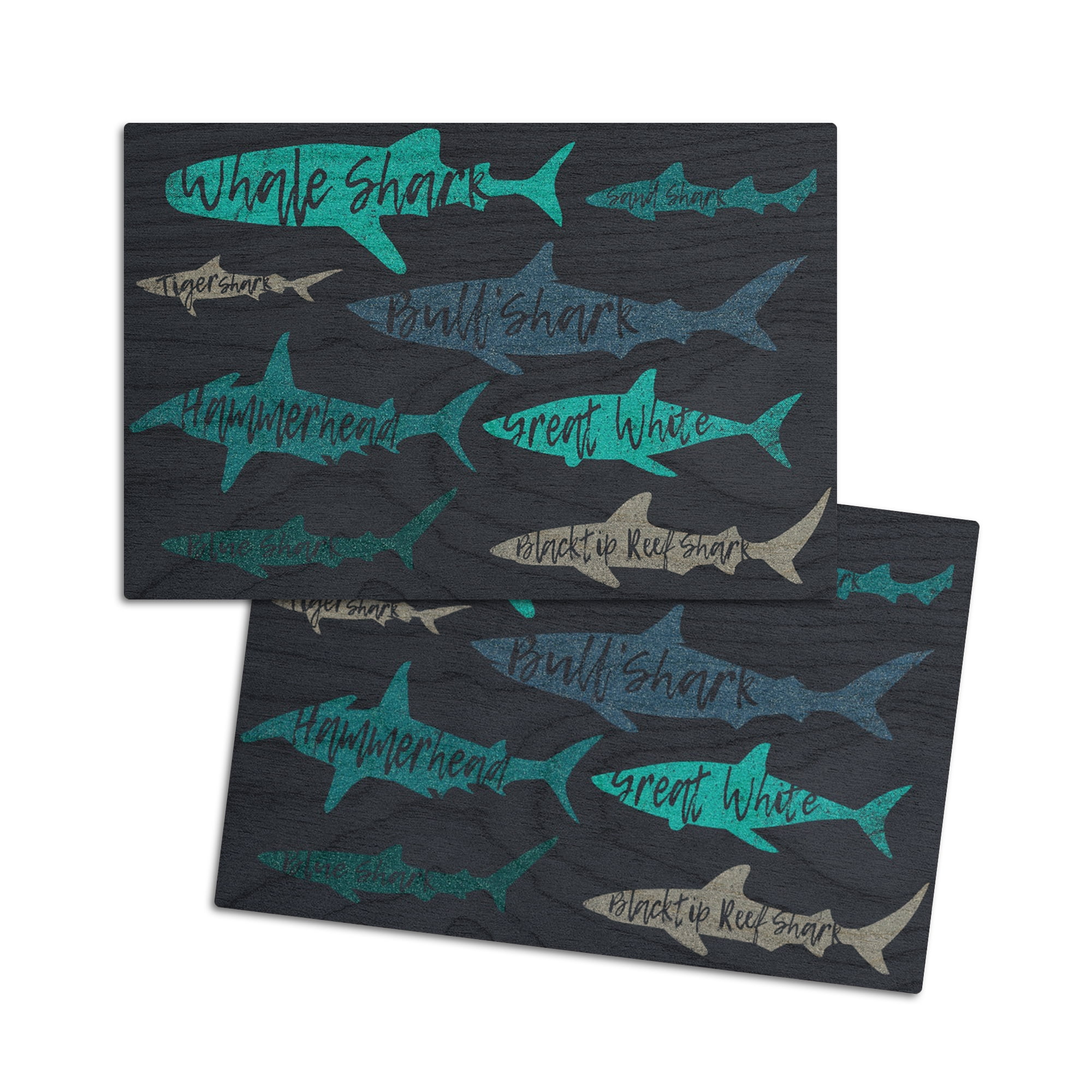 Sharks Pattern, Shark Names, Navy Background (4x6 Birch Wood Postcards ...